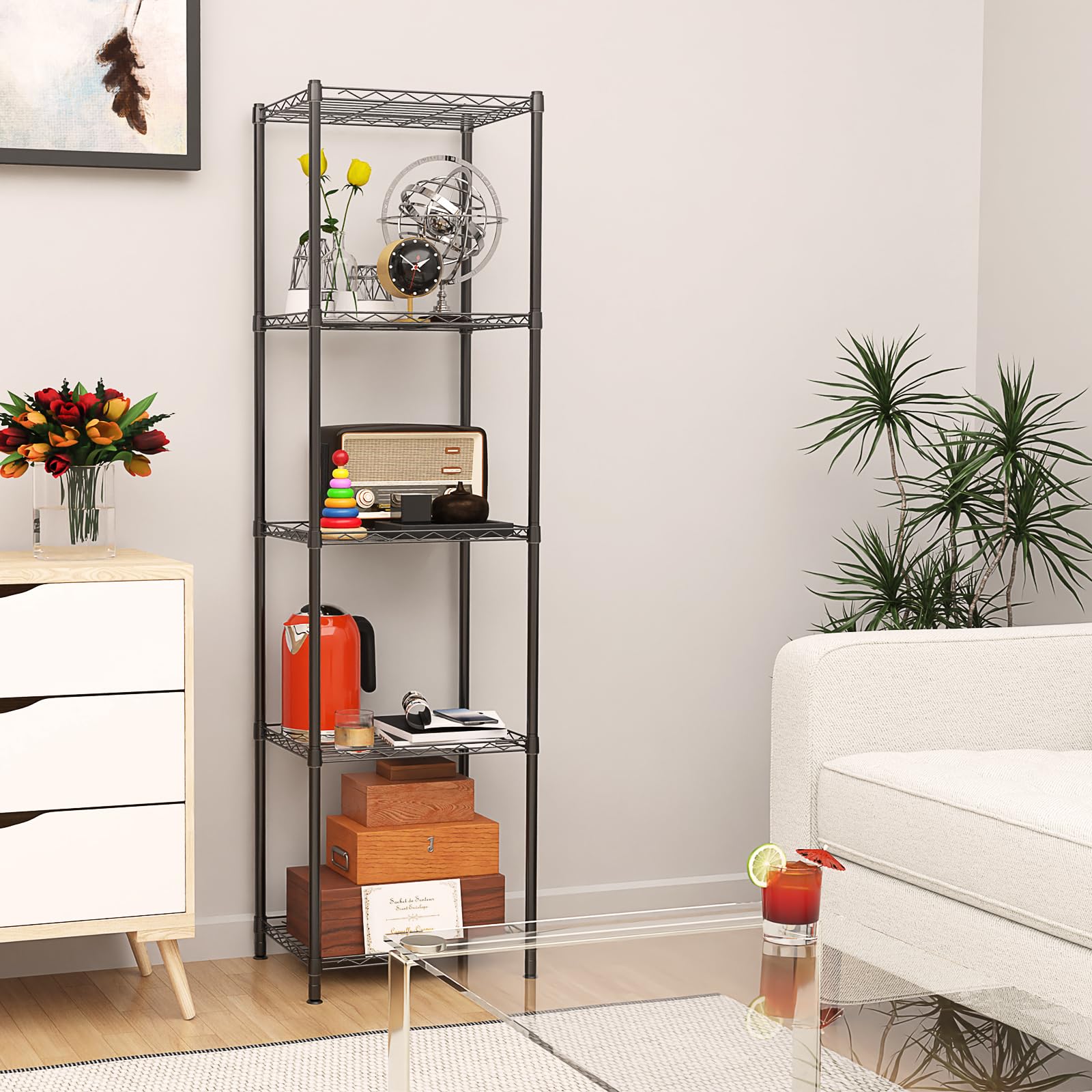 YisanCrafts 5 Tier Fixed Layer Spacing Storage Shelf Metal Storage Rack Wire Shelving Unit Storage Shelves Metal 660Lbs Capacity 17" L x 13" W x 63" H for Pantry Closet Kitchen Laundry Black