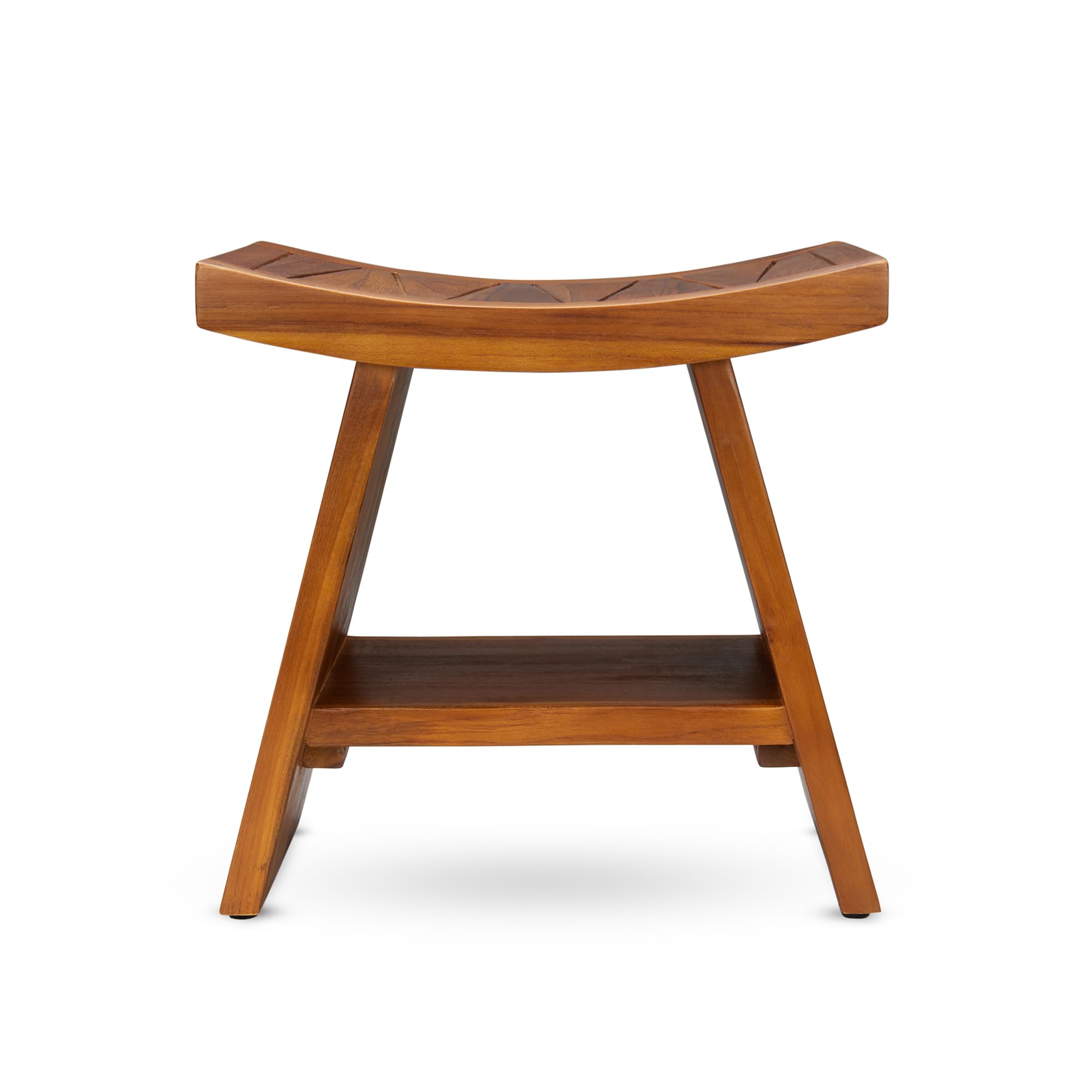 TeakCraft Teak Shower Stool with Shelf β Water Resistant, Non-Slip Premium Indonesian Teak Wood Bath Seat Bench for Shower β Fully Assembled Wood Spa Bath Organizer Seat with Leveling Feet, The Randi