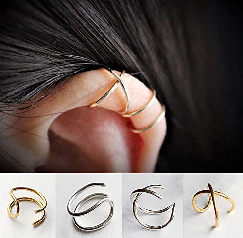 Minimalist 4 PCS S925 Sterling Silver Criss Cross Ear Cuff No Pierce Ear Cuff Sets Double Simple Lines Ear Cuff Fake Cartilage Earring Helix Piercing(4PCS)