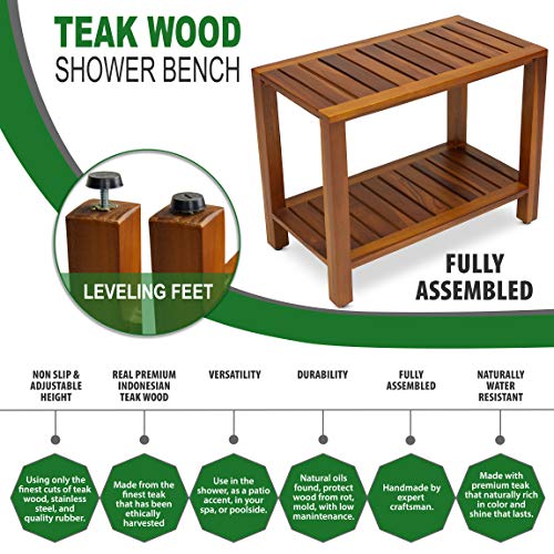 TeakCraft Teak Shower Bench 24 Inch For Bathroom, Spa - Fully Assembled, The Eske