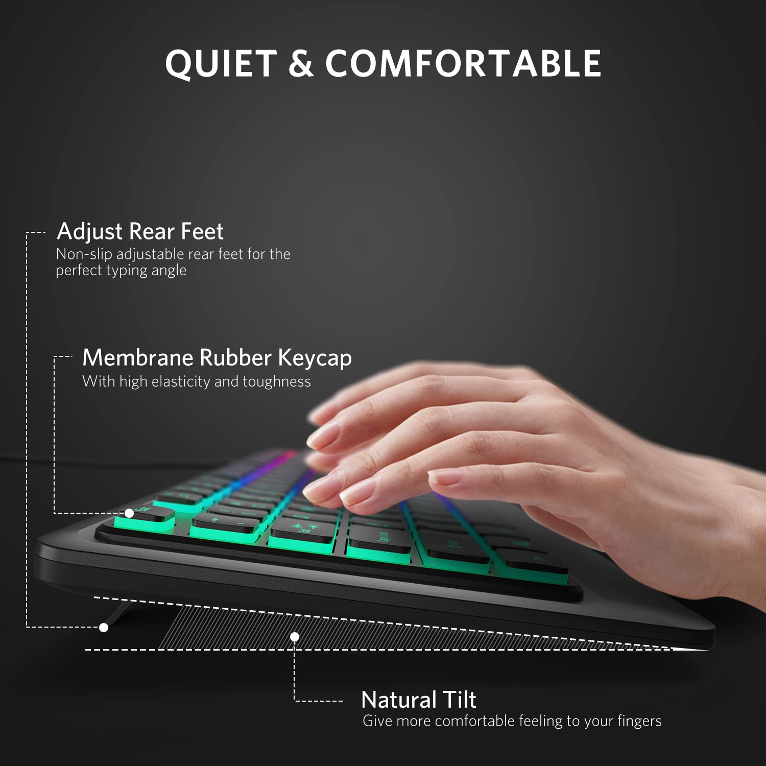 TEWELL Rainbow Membrane Gaming Keyboard, 104 Silent & 26 Anti-Ghosting Keys Wired Computer Keyboard for PC and Desktop