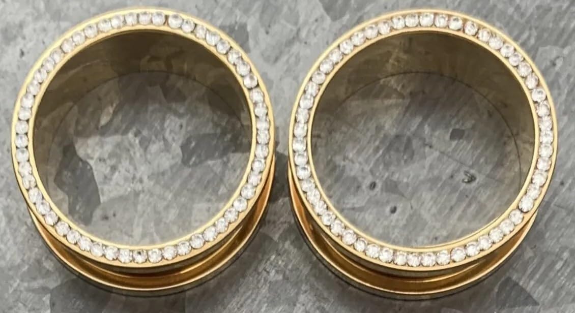Lobal Domination PAIR of CZ Gem Rimmed Gold Ion Plated Tunnels Plugs Pierced Earlets Gauges (1" (25mm))