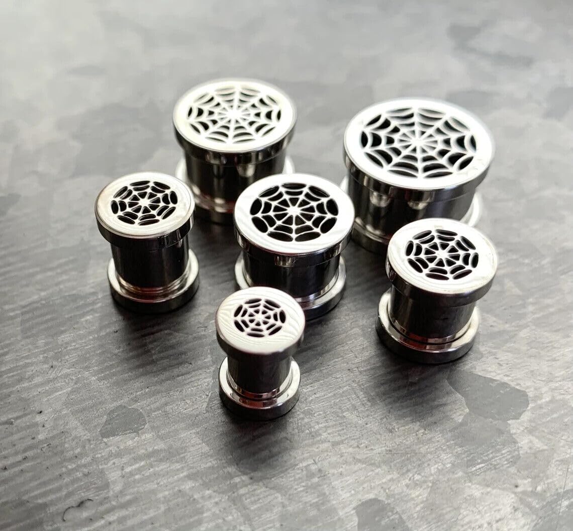 Lobal Domination PAIR of Spider Web Screw Fit Steel Tunnels Spiderweb Ear Plugs - 2g thru 1" (2g (6mm))