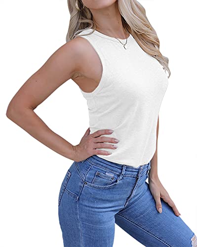 Langwyqu Womens Crewneck Sleeveless Tank Tops Summer Casual Loose Fit Basic Shirts White