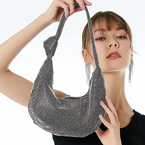 Rumdin Rhinestone Purse Top Handle Mesh Bag Hobo Bag for Women black Clutch Purses for Women Wedding Working Party