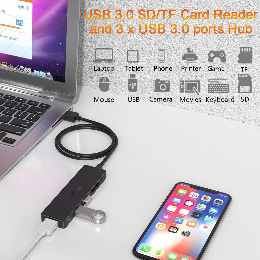 TSUPY USB 3.0 HUB 7 USB Ports,USB Data HUB with SD/TF Card Reader & 3 USB 3.0 Ports