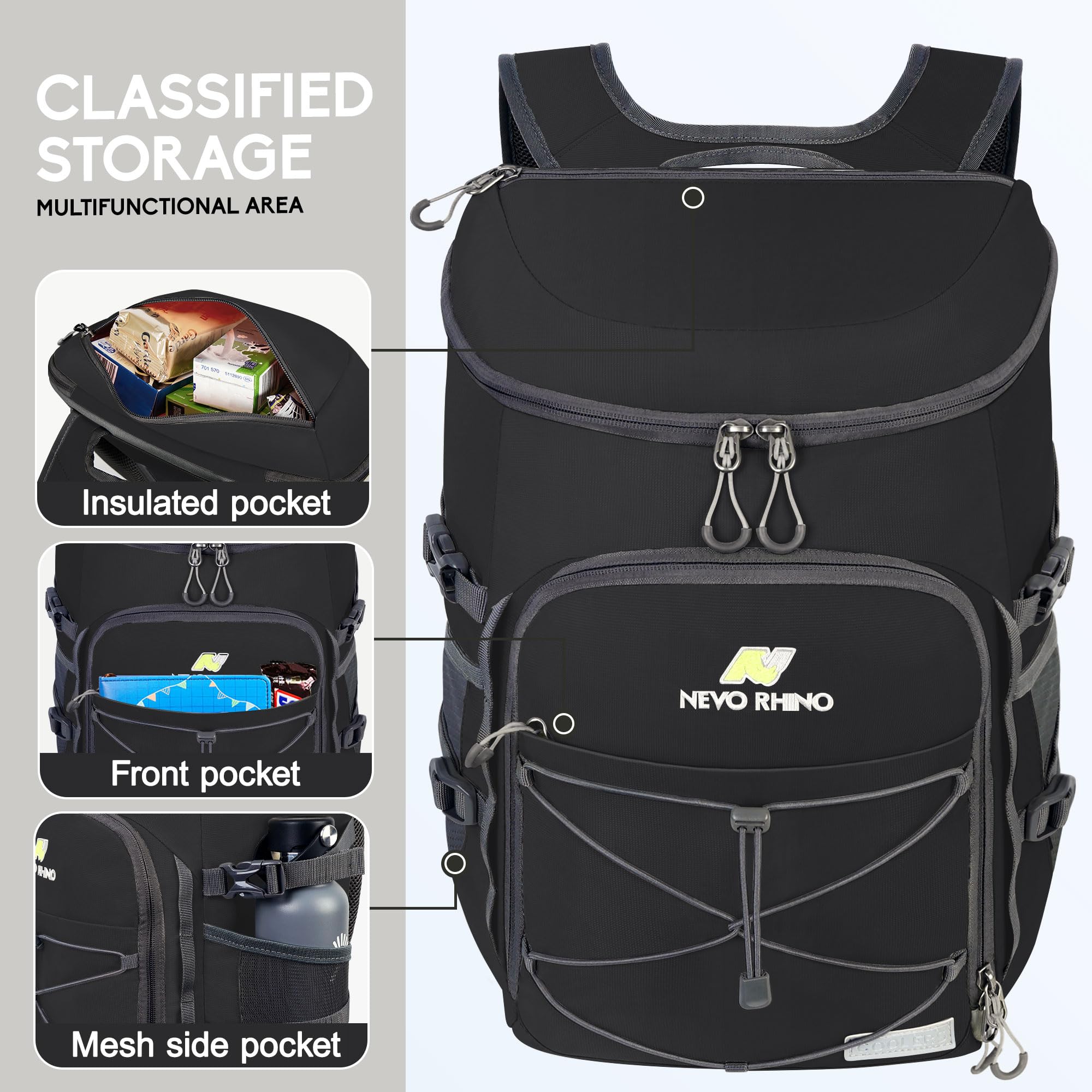 N NEVO RHINO Backpack Cooler, 36 Cans, Black, Nylon, Leakproof, Insulated, Large Capacity, Waterproof