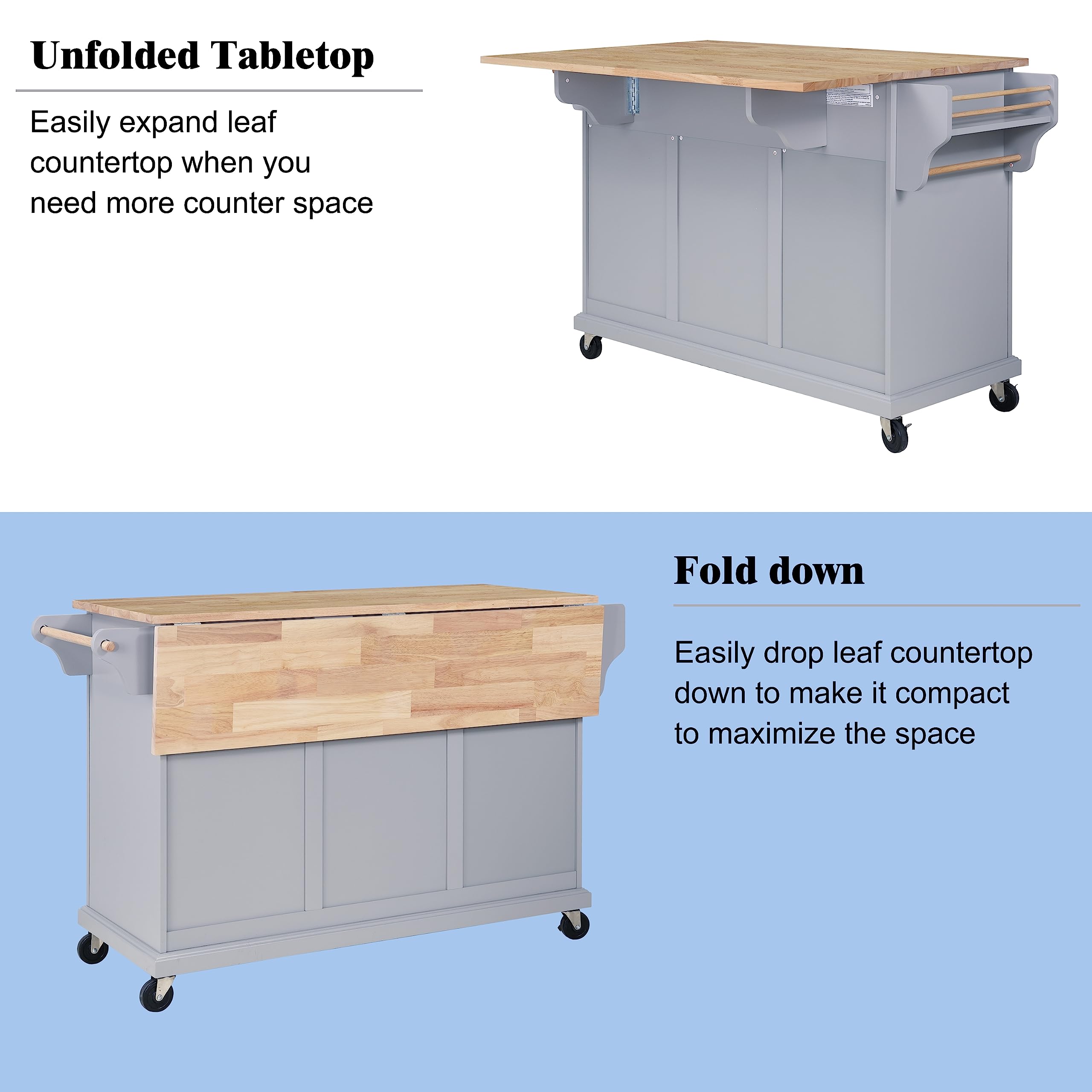 Kitchen Island on Wheels with Drop Leaf and Solid Wood Feet, 57.6 Inch Width/32 Inch Depth Rolling Kitchen Island Cart with Storage Cabinet and Drawers for Kitchen, White