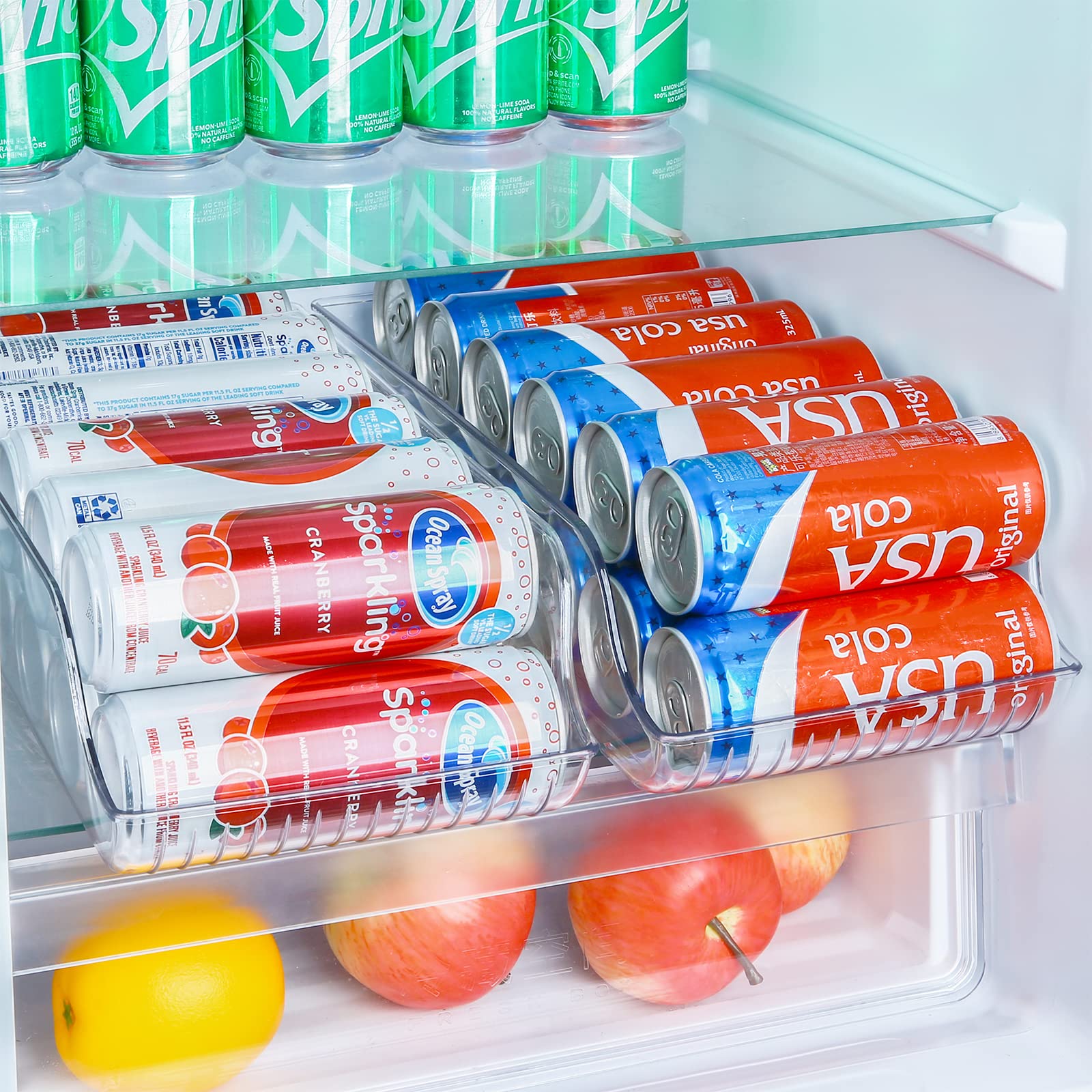 Puricon 2 Pack Refrigerator Organizer Bins Can Dispenser Storage Holder Bundle with 2 Pack Skinny Can Drink Dispenser Organizer for Refrigerator