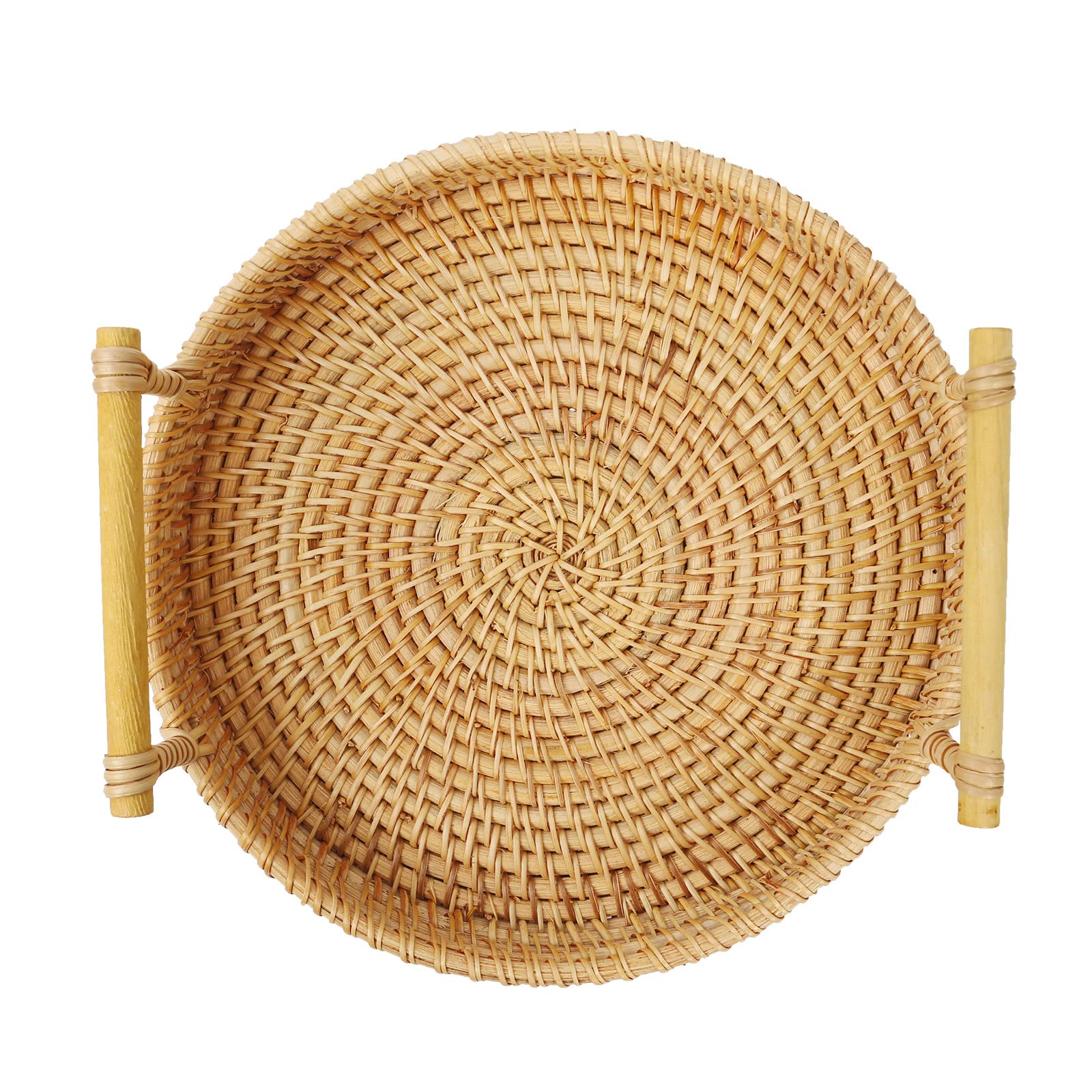 Round Rattan Coffee Table Tray with Handles - Woven Basket Food Decorative Tray ,Handmade Rattan Serving Tray with Handles ,Adorable Natural Bamboo Tray for Ottoman Coffee Table (Small/8.7 inch)