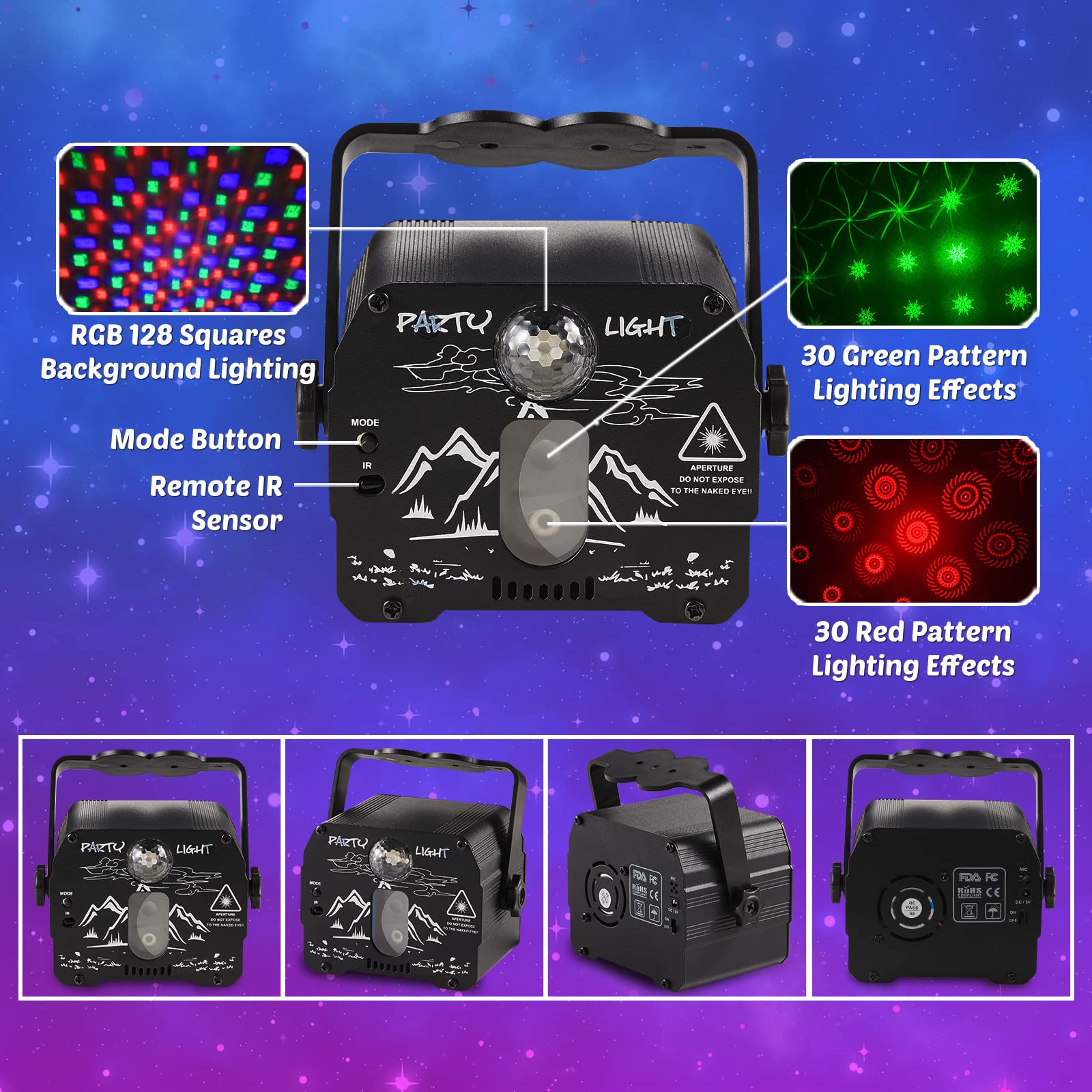 Party Light DJ Disco Lights Sound Activated Mini Laser Light with Remote Control USB Charrging for Indoor Parties Disco Stage Show Hoilday Christmas