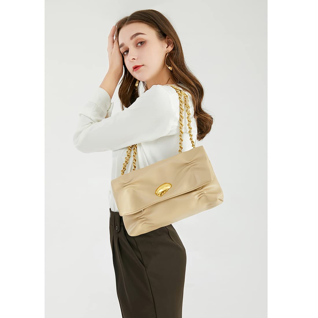 Sibalasi Clear Out Women's Ruched Shoulder Handbag Soft Trendy purse Chain Black Bag Beige Crossbody Bag (Beige)