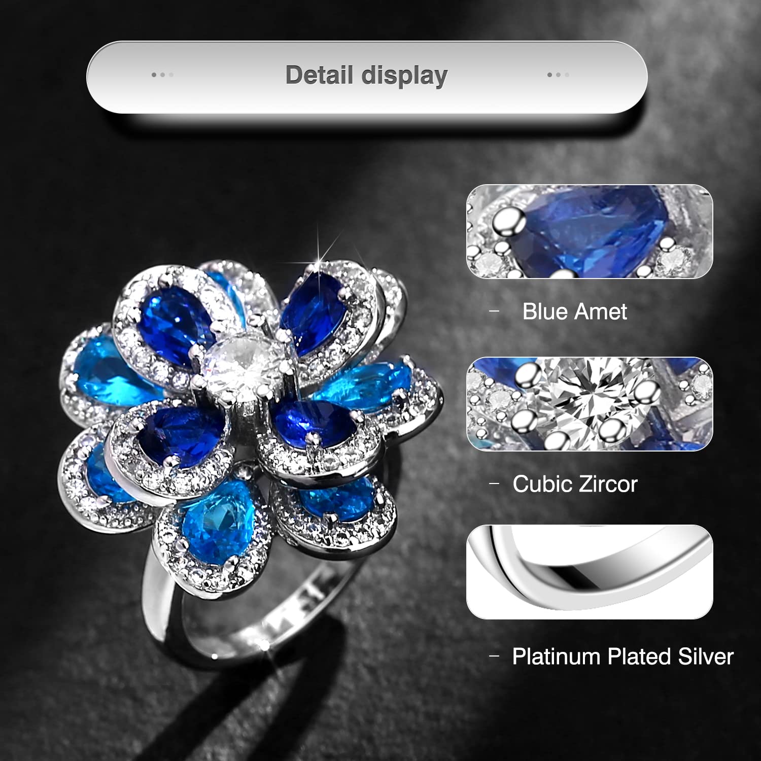 Miss.F&D Eternity Ring Brilliant Diamond Flower Charm Two Color Crystal Camellia Shape Rhinestone Halo Design Statement Platinum Engagement Ring For Women (BLUE)