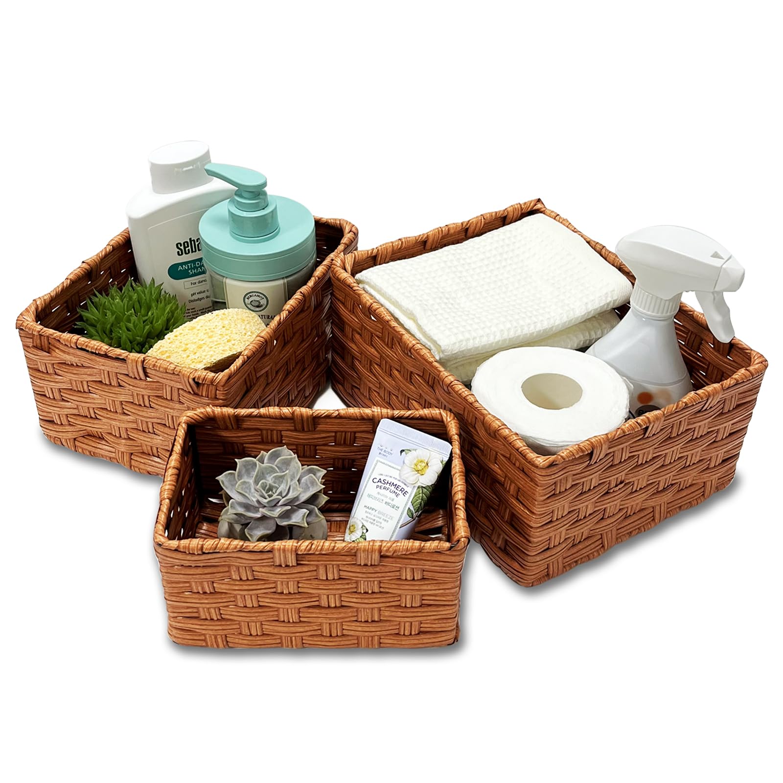MaraFansie Wicker Storage Baskets Wicker Baskets for Shelves Recycled Plastic Storage Bin for Cupboards Drawer Closet Shelf, Waterproof Nesting Lined Caramel, Set of 3