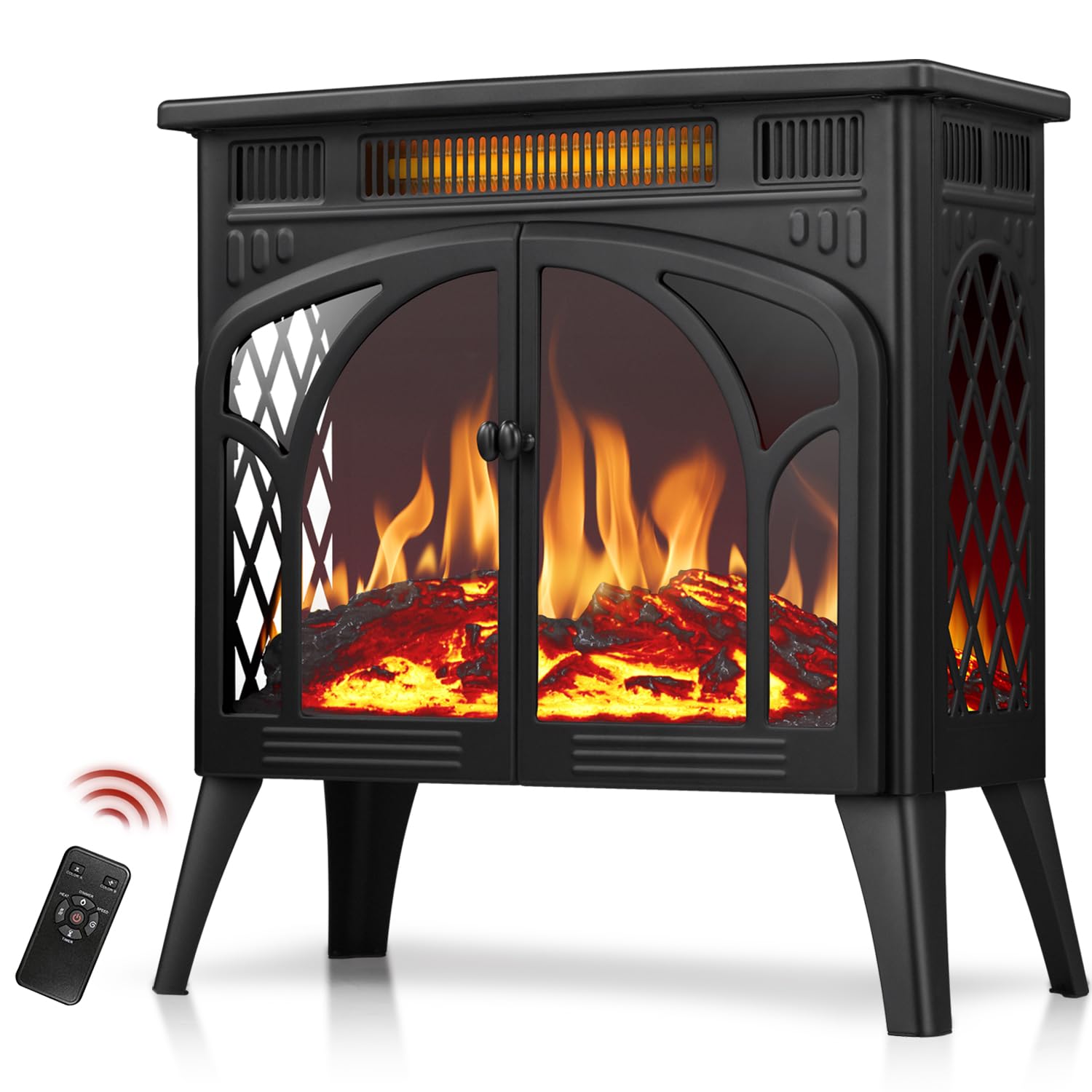 R.W.FLAME Electric Fireplace Heater 25" with Remote Control, Cathedral Stylish, Different Flame Effects and Log Set Colors, Adjustable Brightness and Heating Mode, Overheating Safe Design