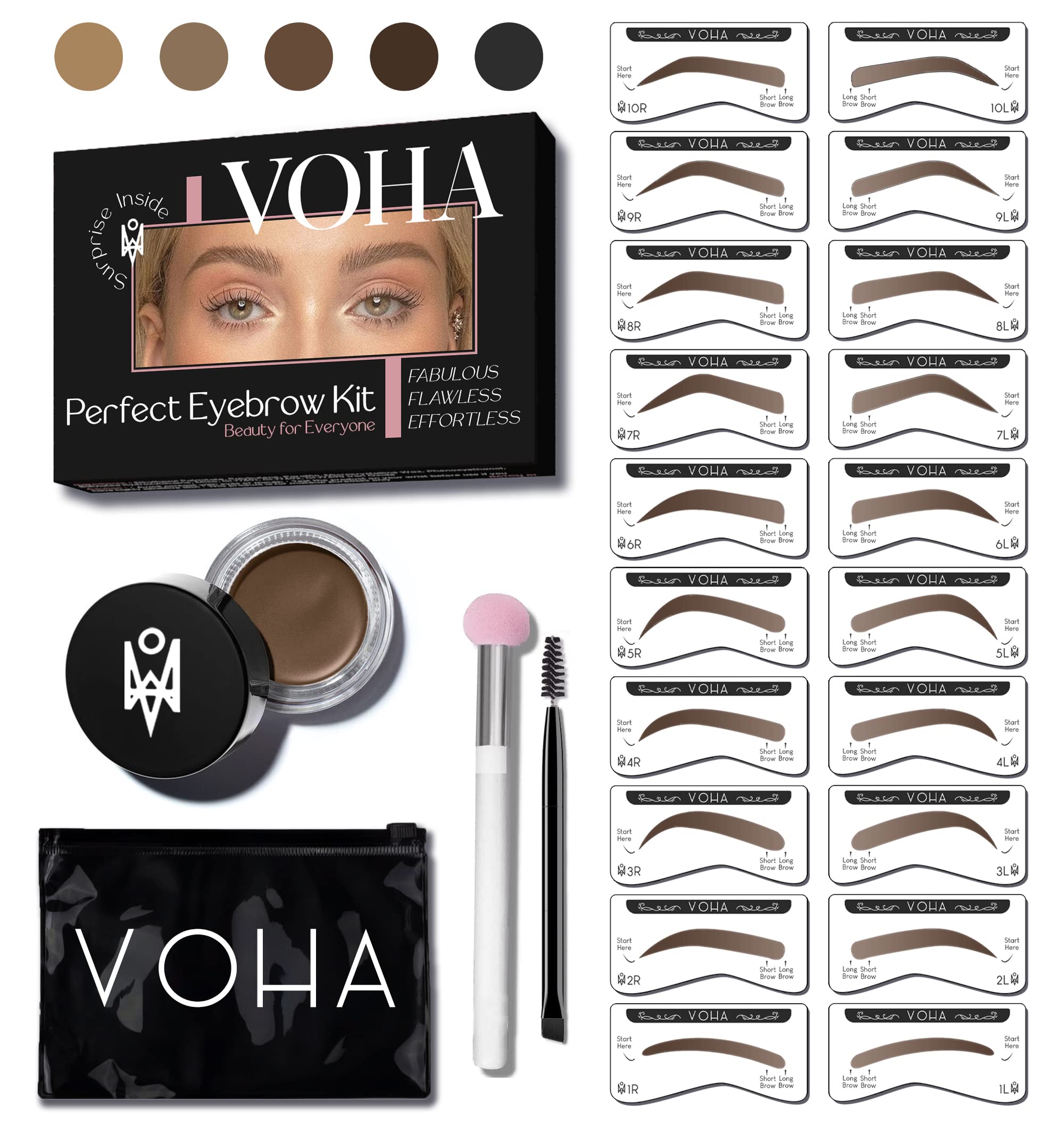 VOHA Eyebrow Stamp Stencil Kit, Eye Brow Stamping Kit, Brow Stamp Kit, Reusable Eyebrow Stencils, Eyebrow Stamp Kit, Eyebrow Stencil Kit, Waterproof Natural Perfect Eyebrow Pomade Kit (Medium Brown)
