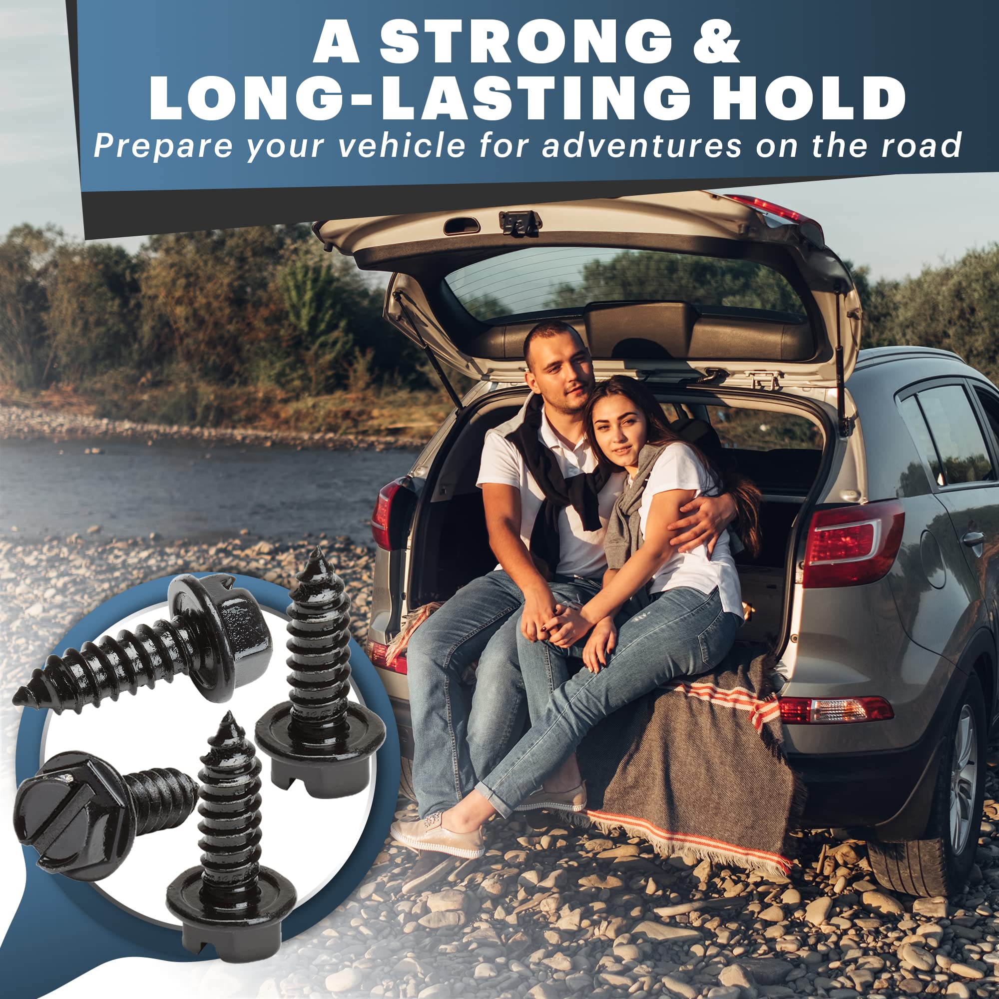License Plate Screws - Black, Set of 4 Fasteners - For Front and Back License Plates and License Plate Frames or Covers - Rust Proof, Weather Proof, Self Tapping Mounting Bolts (Black Stainless Steel)