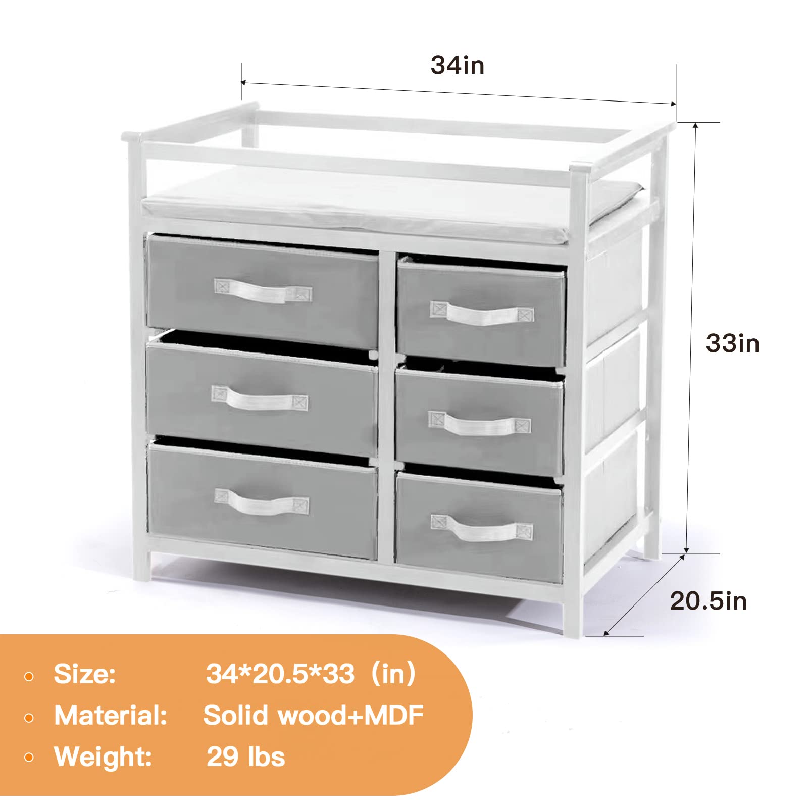 MOOITZ Baby Changing Table Dresser with 6 Storage Baskets, Can be Used as a Baby Changing Tables with Changing Table Top, a Baby Changing Station, a Diaper Changing Station (White)