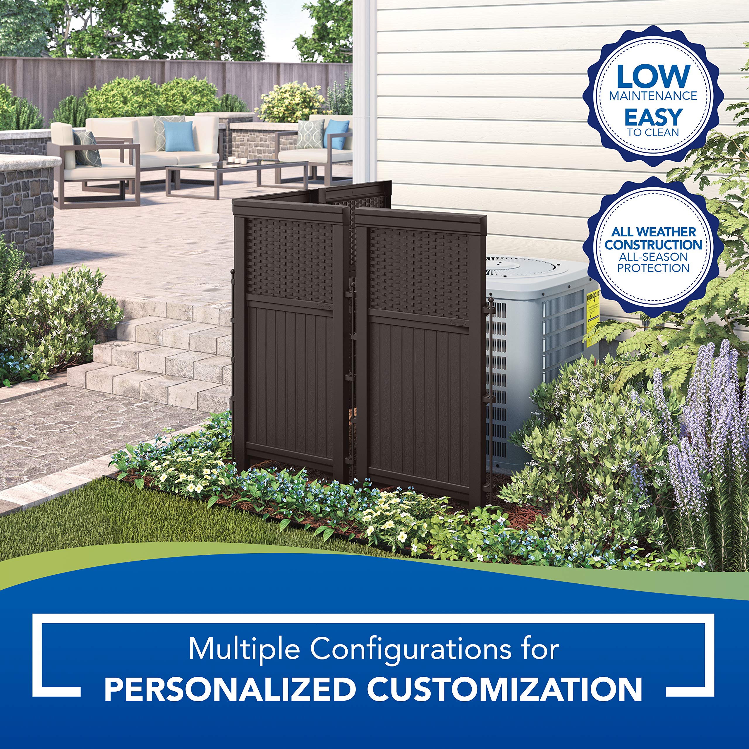 Suncast Wicker Resin Garden Fence Bundle (4 Panels) + Deck Box for Storage