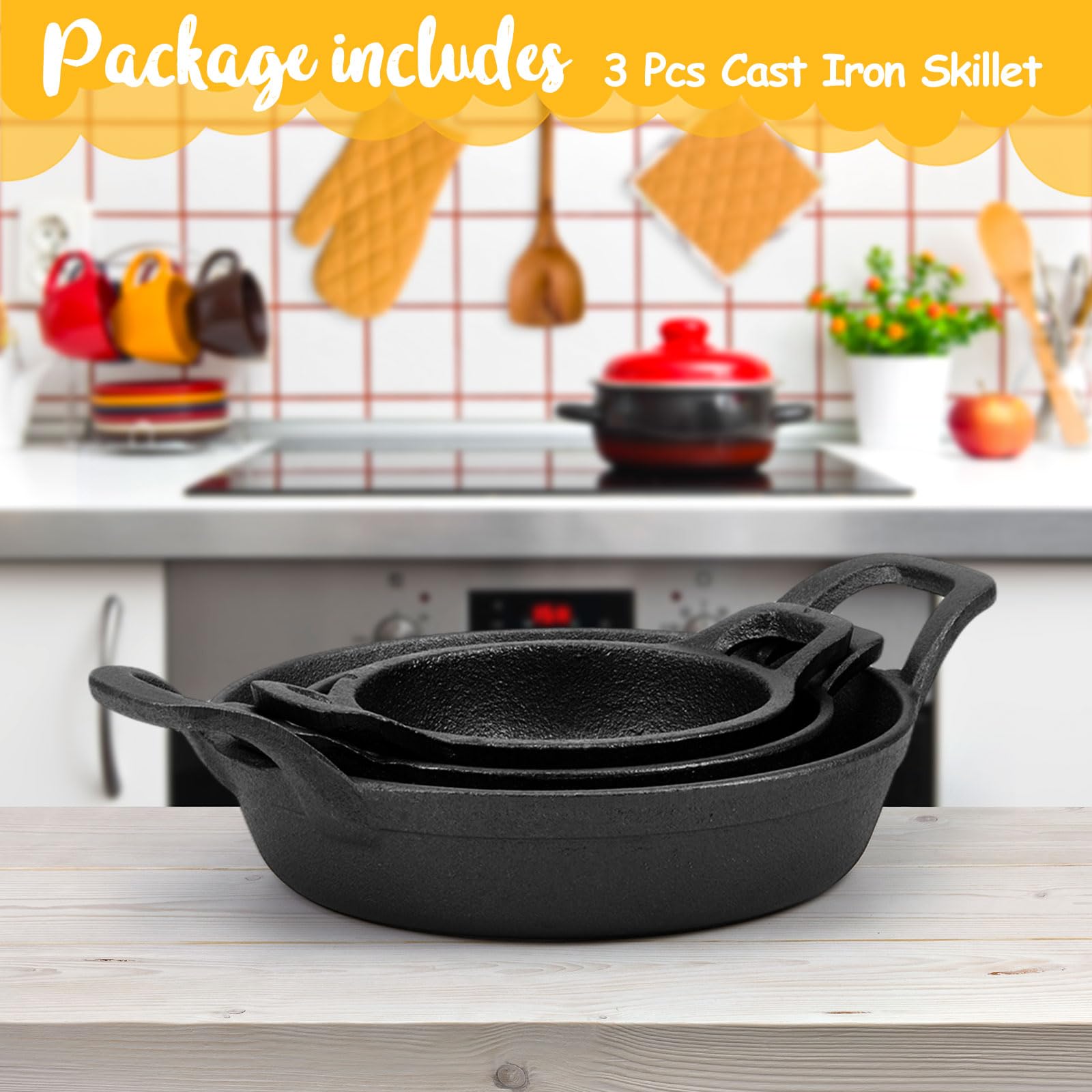 Ziliny 3 Size Mini Cast Iron Skillets with Handle Small Cast Iron Skillet Pan Set, 4", 5", 6.3", Black Iron Pans for Cooking, Frying, Saute, Pizza, for Oven, Stove, Grill Use