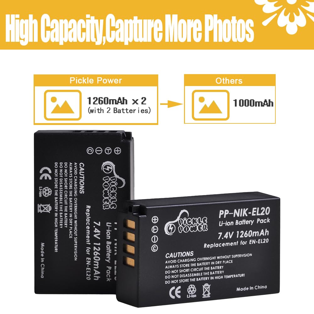 Pickle Power EN-EL20 EN-EL20a Battery and Charger Compatible with Nikon Coolpix P1000, P950, DL24-500, Coolpix A, 1 AW1, 1 J1, 1 J2, 1 J3, 1 S1, 1 V3 Digital Camera