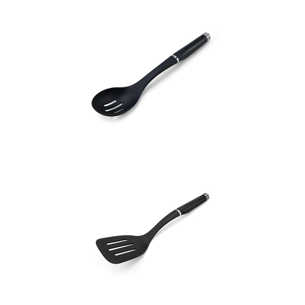 KitchenAid KO004OHOBA Gourmet Nylon Slotted Spoon, One Size, Black & KitchenAid Classic Slotted Turner, One Size, Black 2, 13.66-Inch