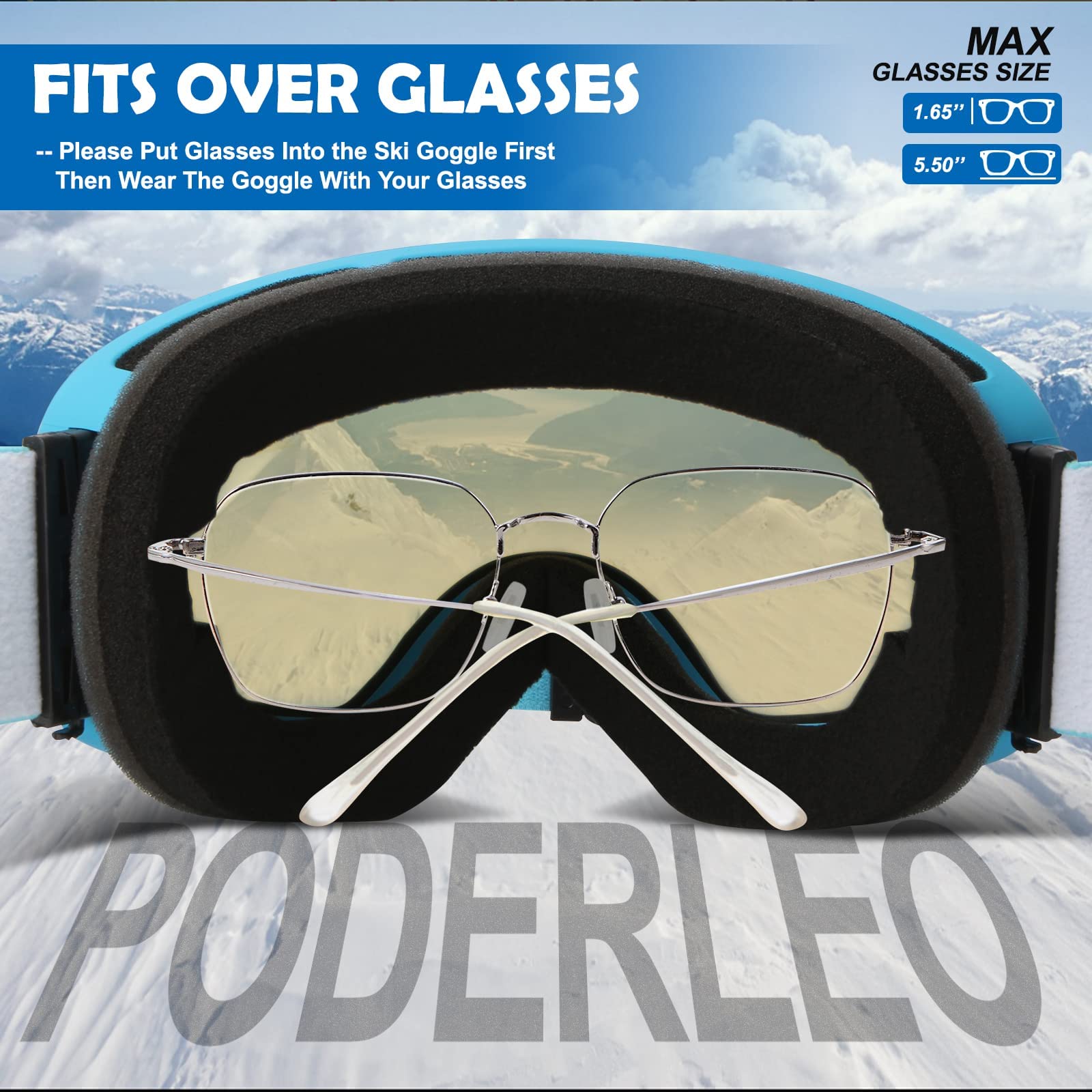 PoderLeo Ski Goggles OTG Snow Snowboard Goggles Interchangeable Lens for Men, Women & Youth Anti-fog UV400 Protection