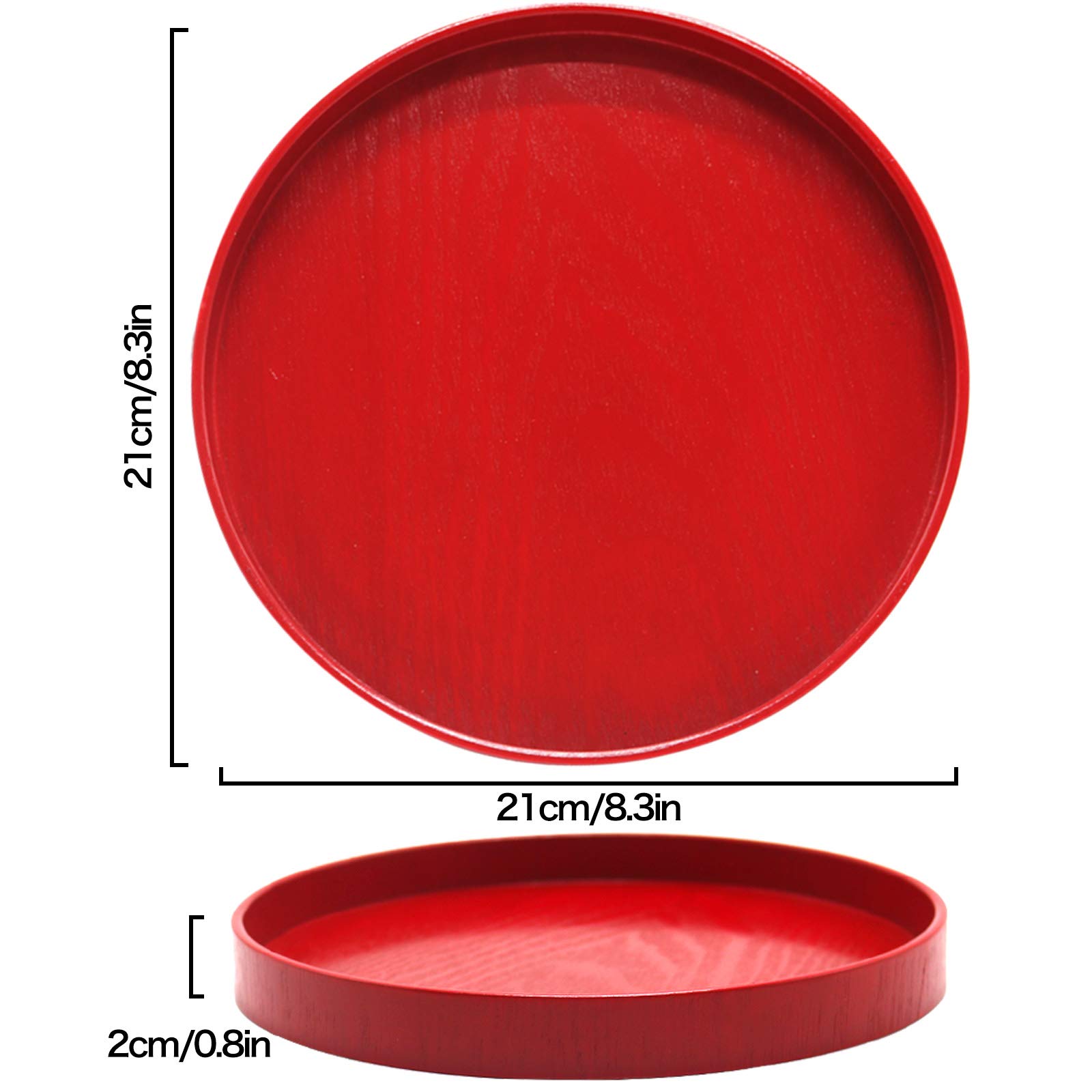 Round Solid Wood Serving Tray, Non-Slip Tea Coffee Snack Plate Food Meals Serving Tray with Raised Edges for Home Kitchen Restaurant(8.2inch,Red)