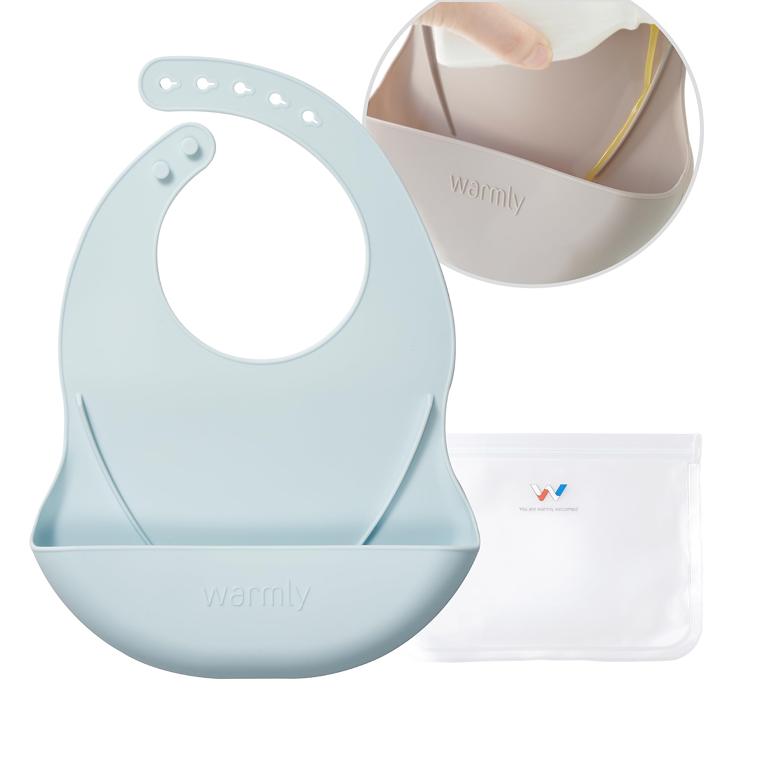 Warmly Silicone Baby Bib in Zip Pouch, Platinum Silicone, Made in Korea, Liquid Barrier System, Adjustable, CPC Approved (Light Blue)