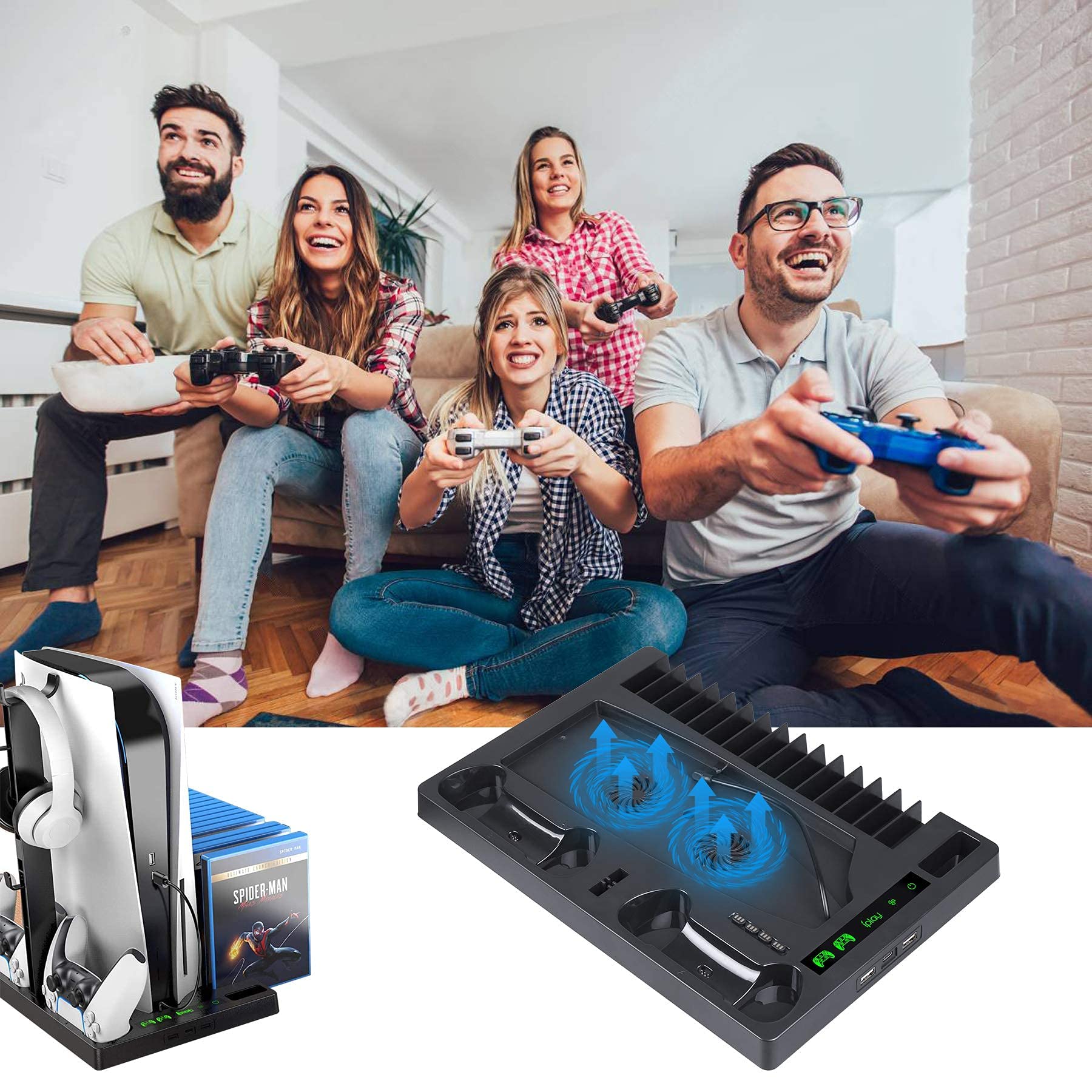 OFUN PS5 Console Stand with Wireless Charging, Cooling Fans, Storage and USB Hub, 2 Controllers Charged