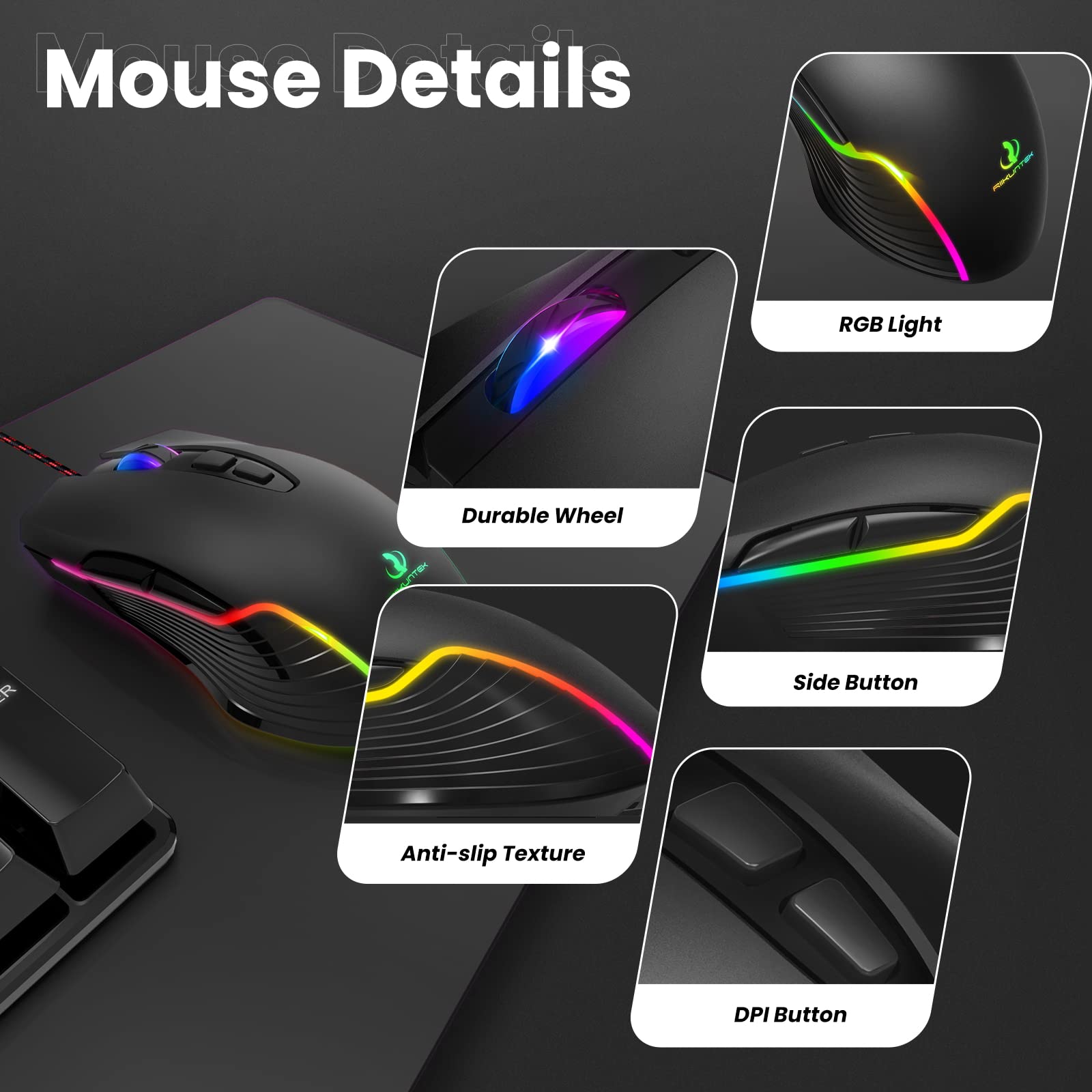 RIIKUNTEK Gaming Mouse Wired, Computer Mouse with 7 Programmable Buttons(One-key Fire/Desktop), 7200 DPI, 12 Backlits, Ergonomic Optical USB Game Mouse with Side Buttons for PC, Laptop Black