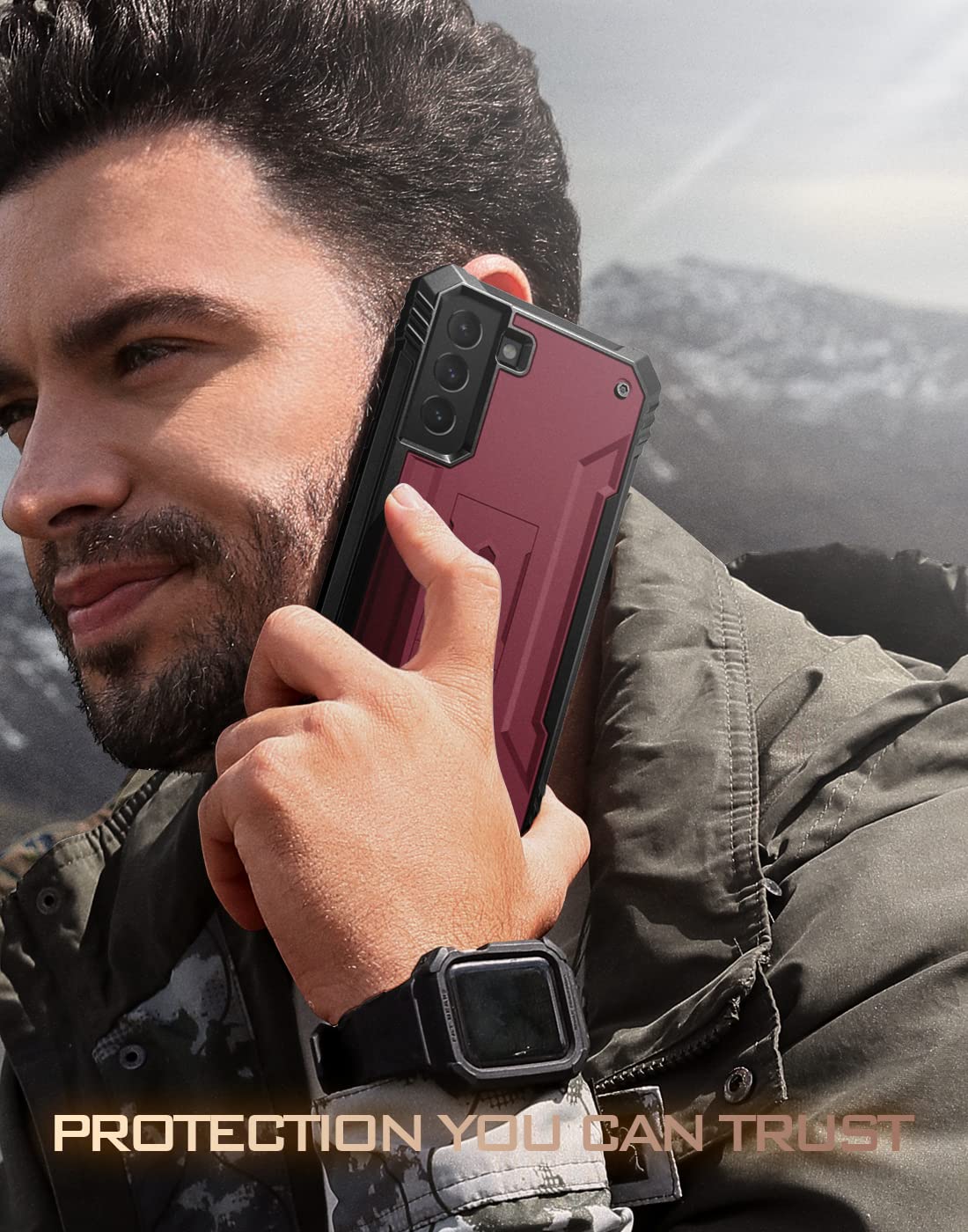Poetic Revolution Case for Samsung Galaxy S22 5G 6.1 inch, Built-in Screen Protector Work with Fingerprint ID, Full Body Rugged Shockproof Protective Cover Case with Kickstand, Maroon Red