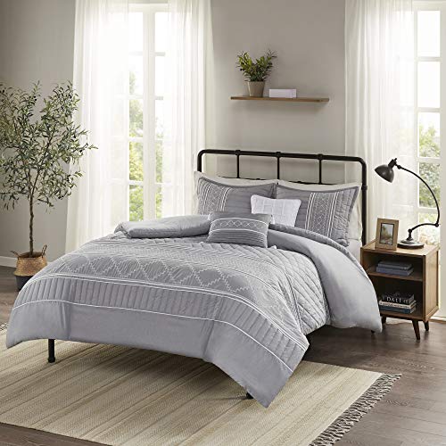 Madison Park Comforter Set, Embroidered Textured Heatherd Print All Season Down Alternative Cozy Bedding with Matching Shams, Decorative Pillow, King (104 in x 92 in), Kailee, Embroidery Grey 5 Piece