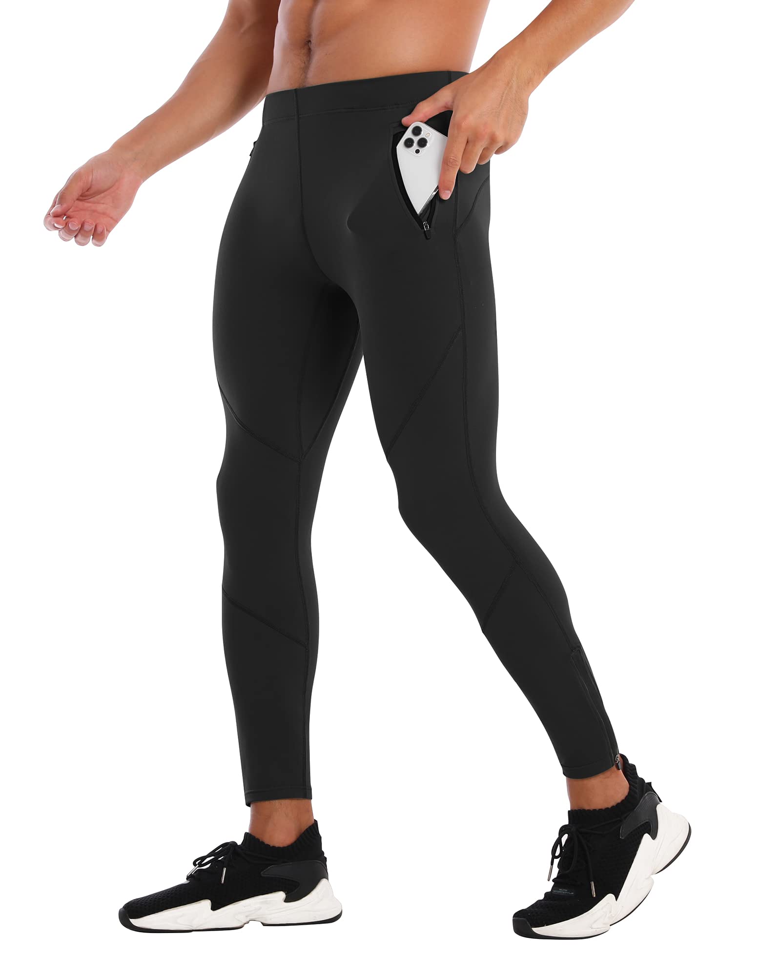 Runhit Compression Pants Men with Zipper Pocket Running Pants Tights Leggings Men's Cycling Pants Thermal Yoga Workout Athletic Black Medium