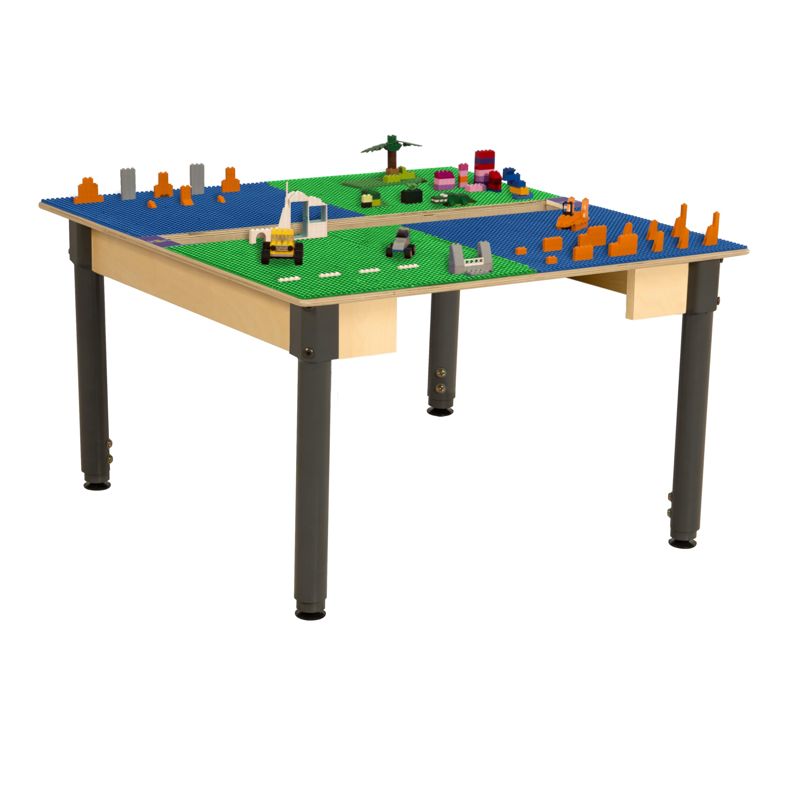 Wood Designs Time-2-Play Kids Birch Plywood Square Lego Compatible Play Table Large 35” x 31” Surface with 18”-29” Adjustable Legs, Montessori Building Blocks Desk with Trough [Blue and Green]