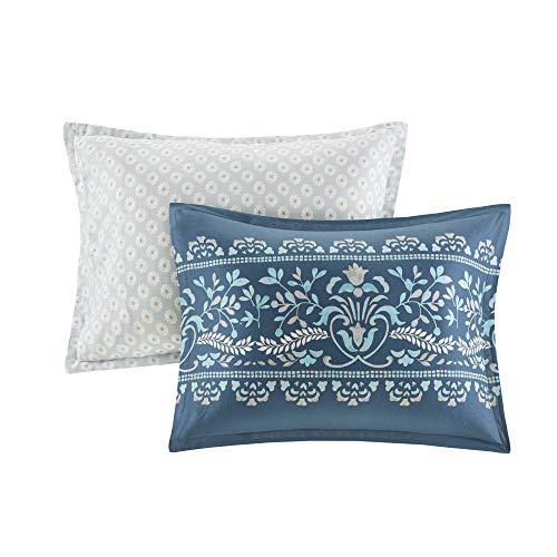 Madison Park Eden 3 Piece Cotton Printed Reversible Duvet Cover Set, Full/Queen(90"x90"), Navy