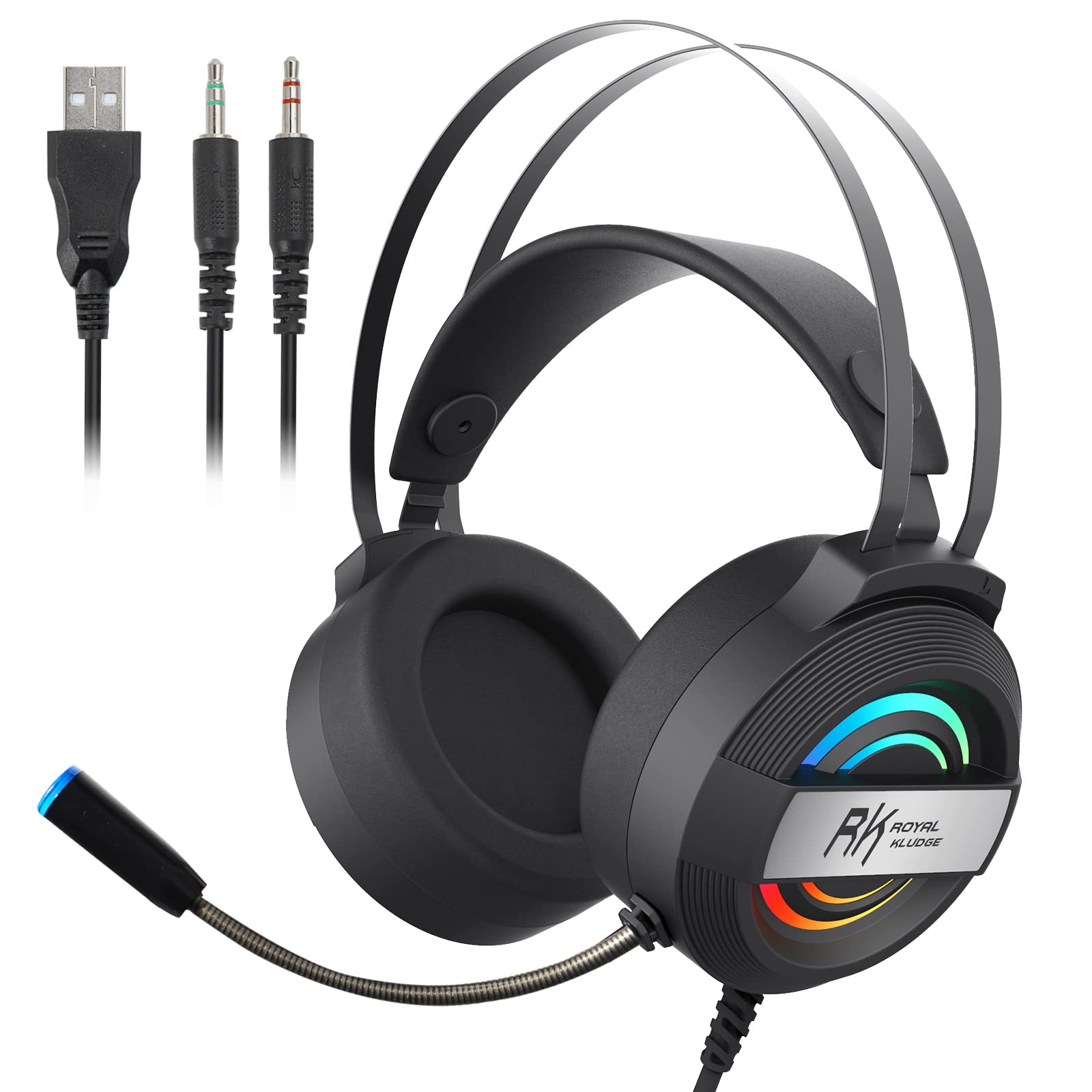 RK ROYAL KLUDGE PS4 Gaming Headset with Microphone, RK-E6000 PS5 Headset Xbox Headphone with Noise Cancelling Mic RGB Lights 7.1 Surround Sound for PS4 PS5 Xbox One Nintendo Switch PC, Black