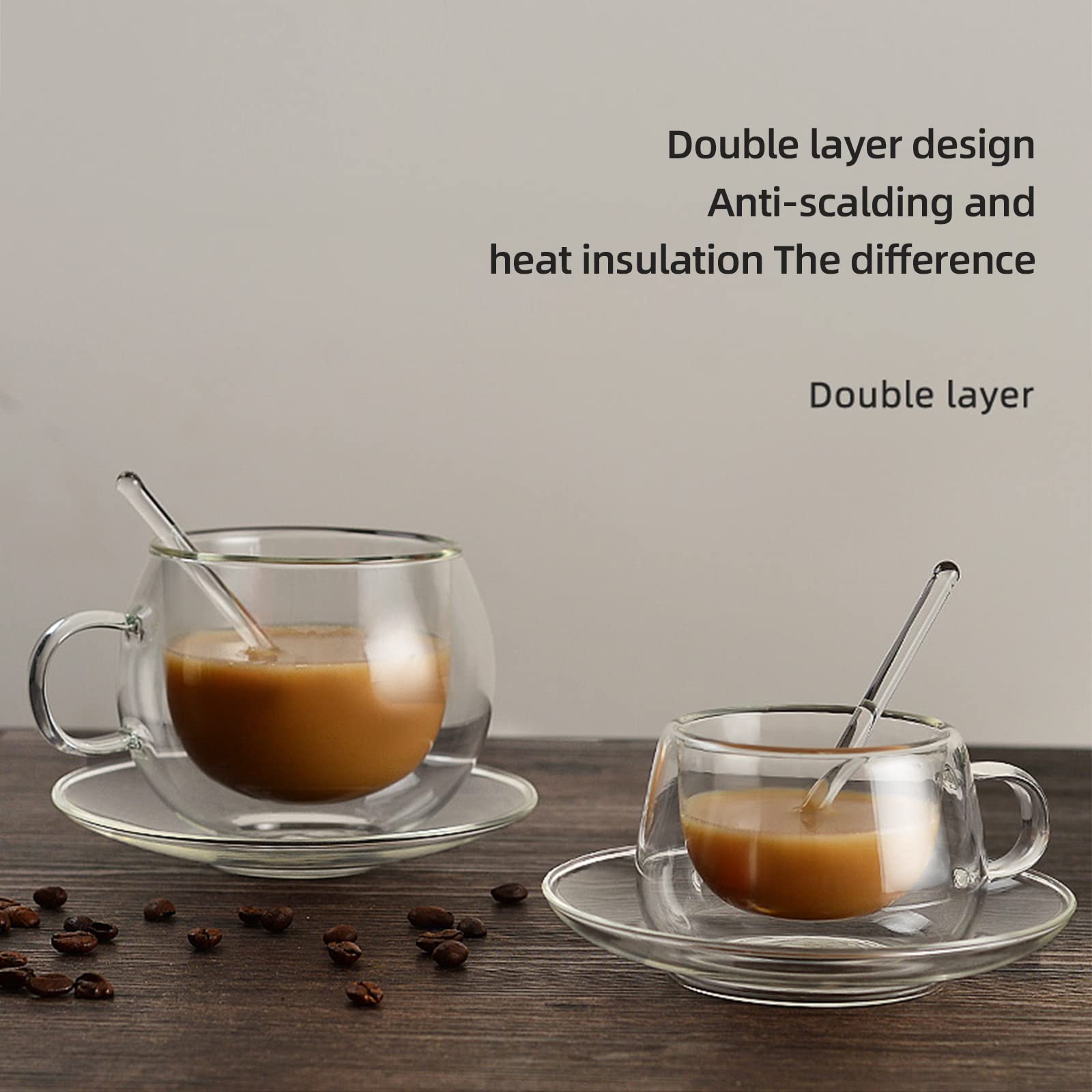 PRTECY Glass Espresso Cups with Saucers and Spoons Set of 2, 5.07/8.45 oz Double Wall Insulated Glass Coffee/Tea Cups Drinking Demitasse Mugs for Cappuccino Latte Tea and More Beverage