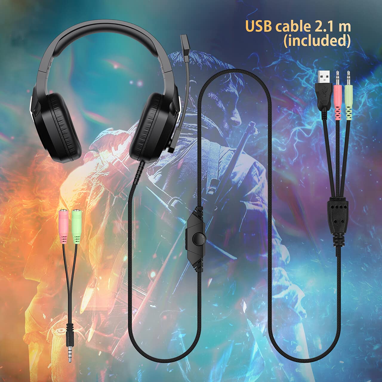 Powerextra Gaming Headset for PC, Over Ear Headphones with Noise Cancelling Microphone LED Light, Mic, Volume Control, Soft Memory Earmuffs for Laptop Mac Nintendo PS4 PS5 Xbox One Controller