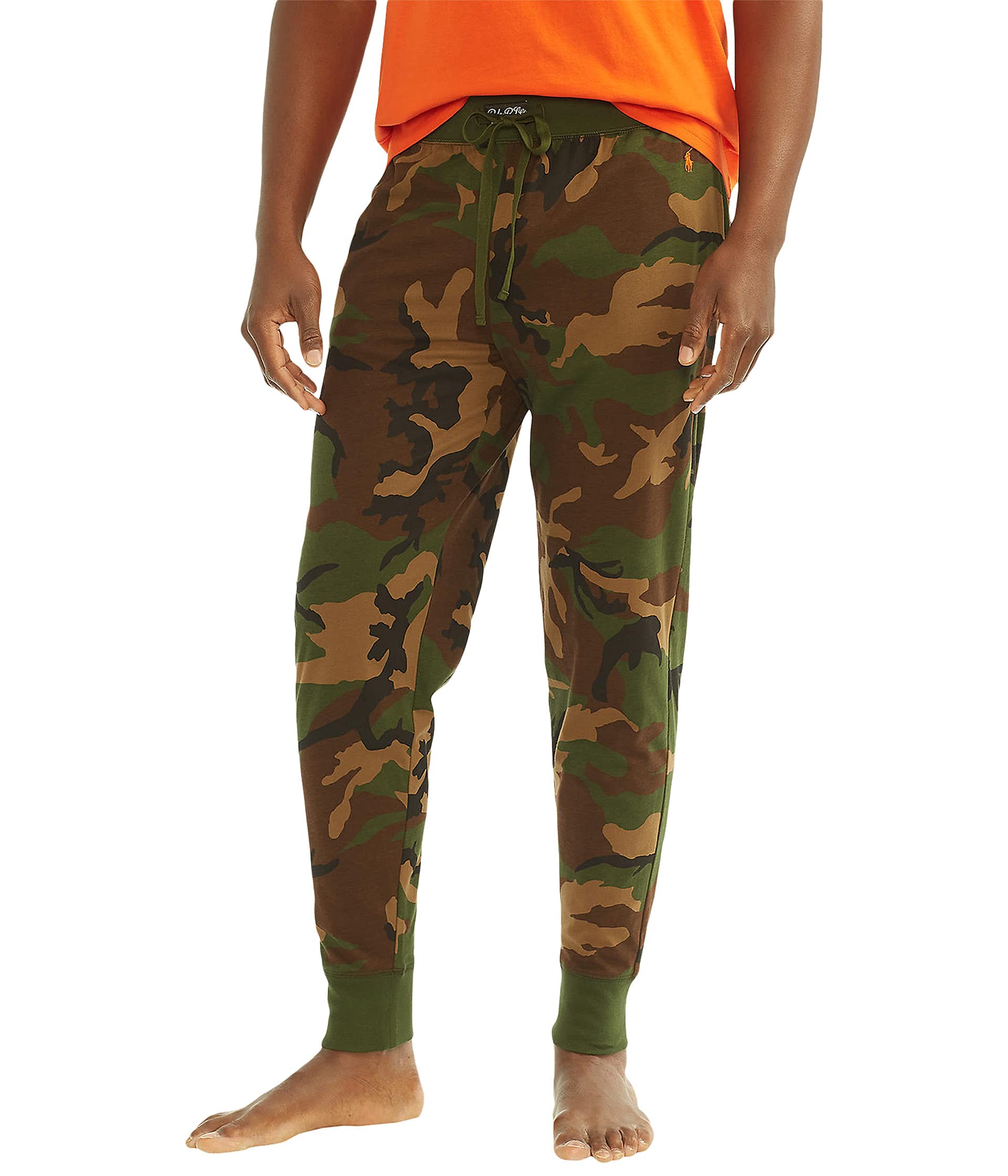 POLO RALPH LAUREN Knit Jersey Covered Waistband Jogger Pants (Surplus Camo/Dusk Orange Player Pony, Medium)
