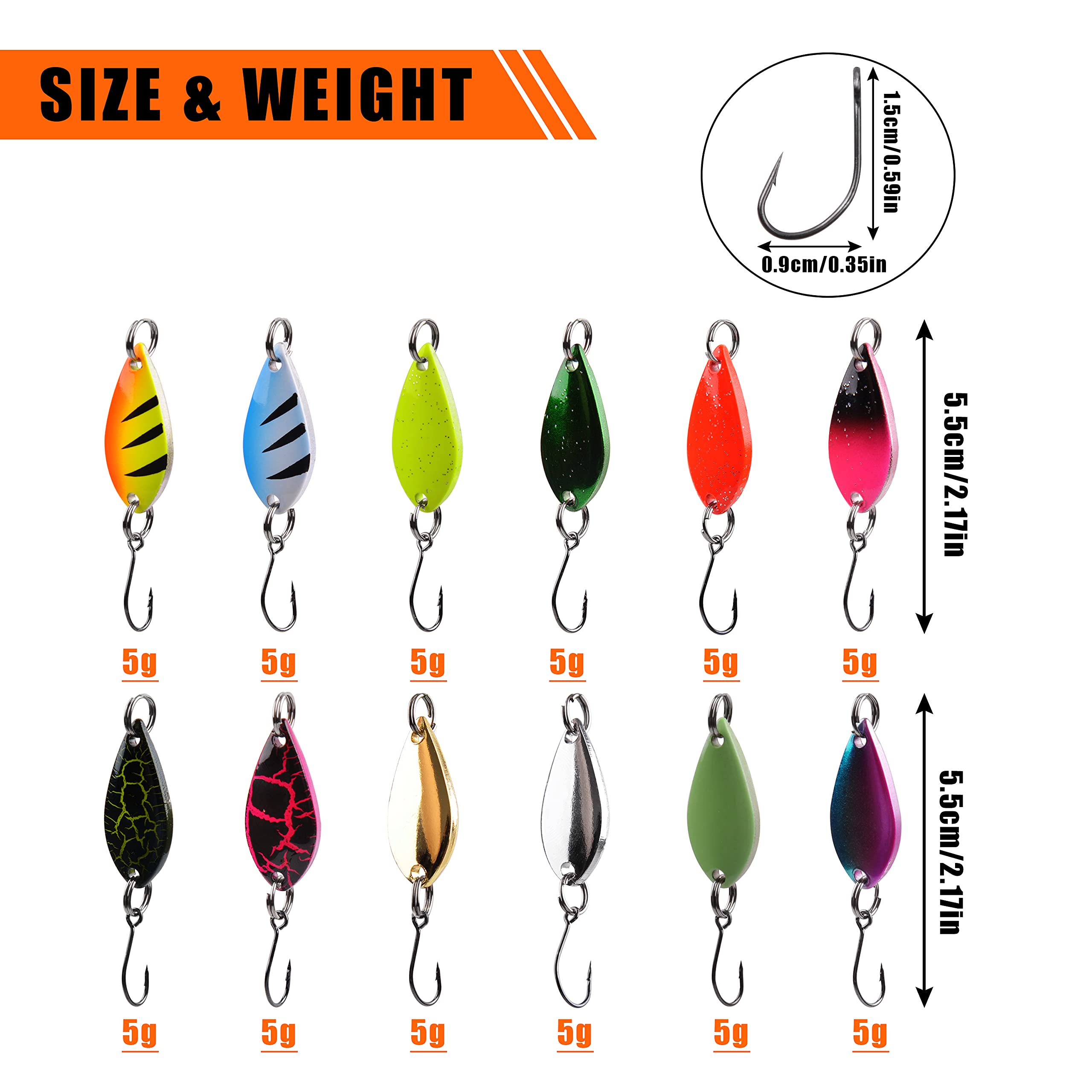 Mini Fishing Spoon Lure Set with Case, 12pcs / 24pcs Colorful Hard Metal Bait Set with Single Hook Jigging Baits Spoons for Trout Crappie Perch Panfish Pike 0.17oz (24pcs)