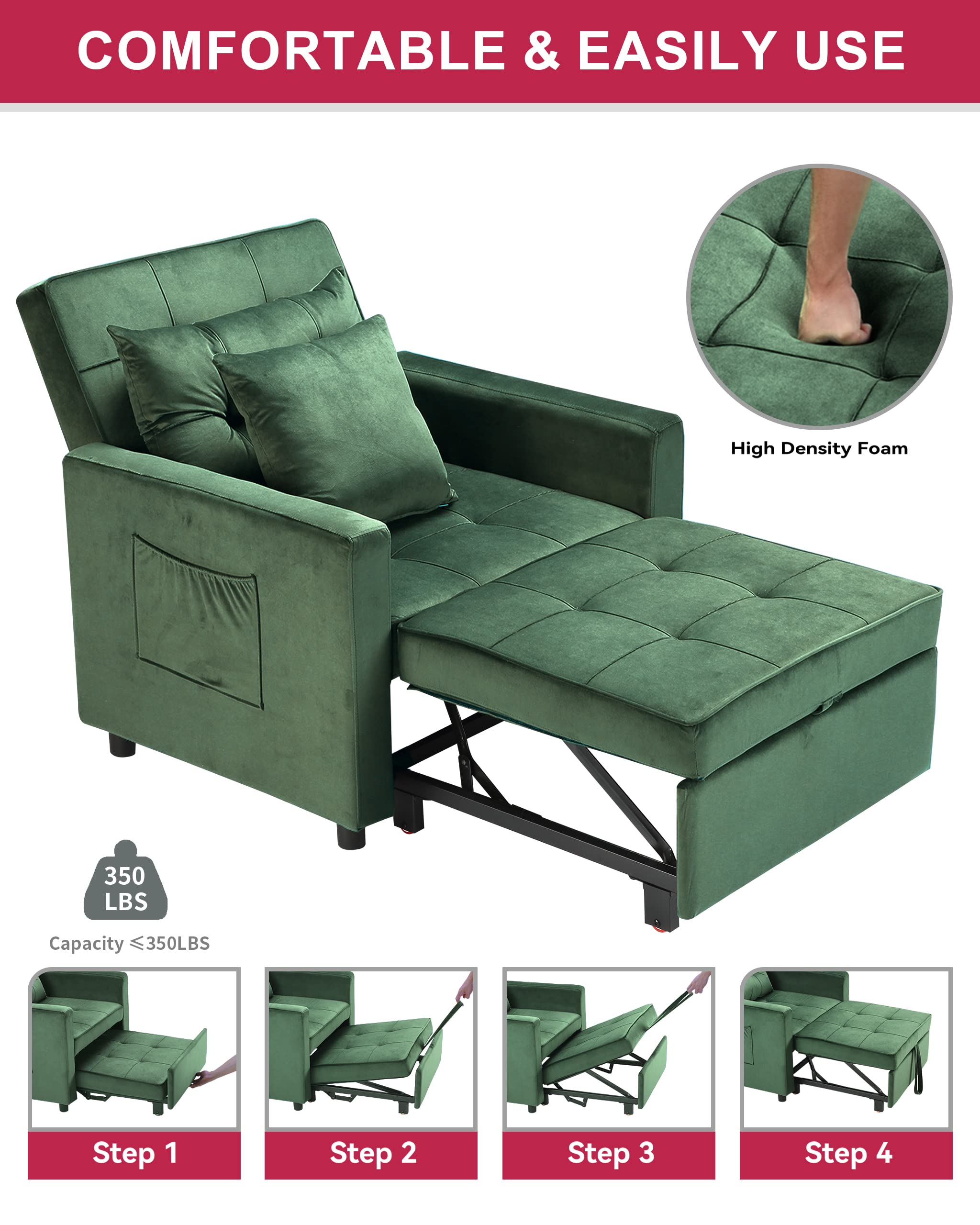 Litbird [UPDATED] Convertible Chair Sleeper Bed, Stepless Adjustable Backrest, Futon Chair Turns Into Bed, Sleeper Sofa for Living Room, 3 in 1, Imitation Flannel, Dark Green