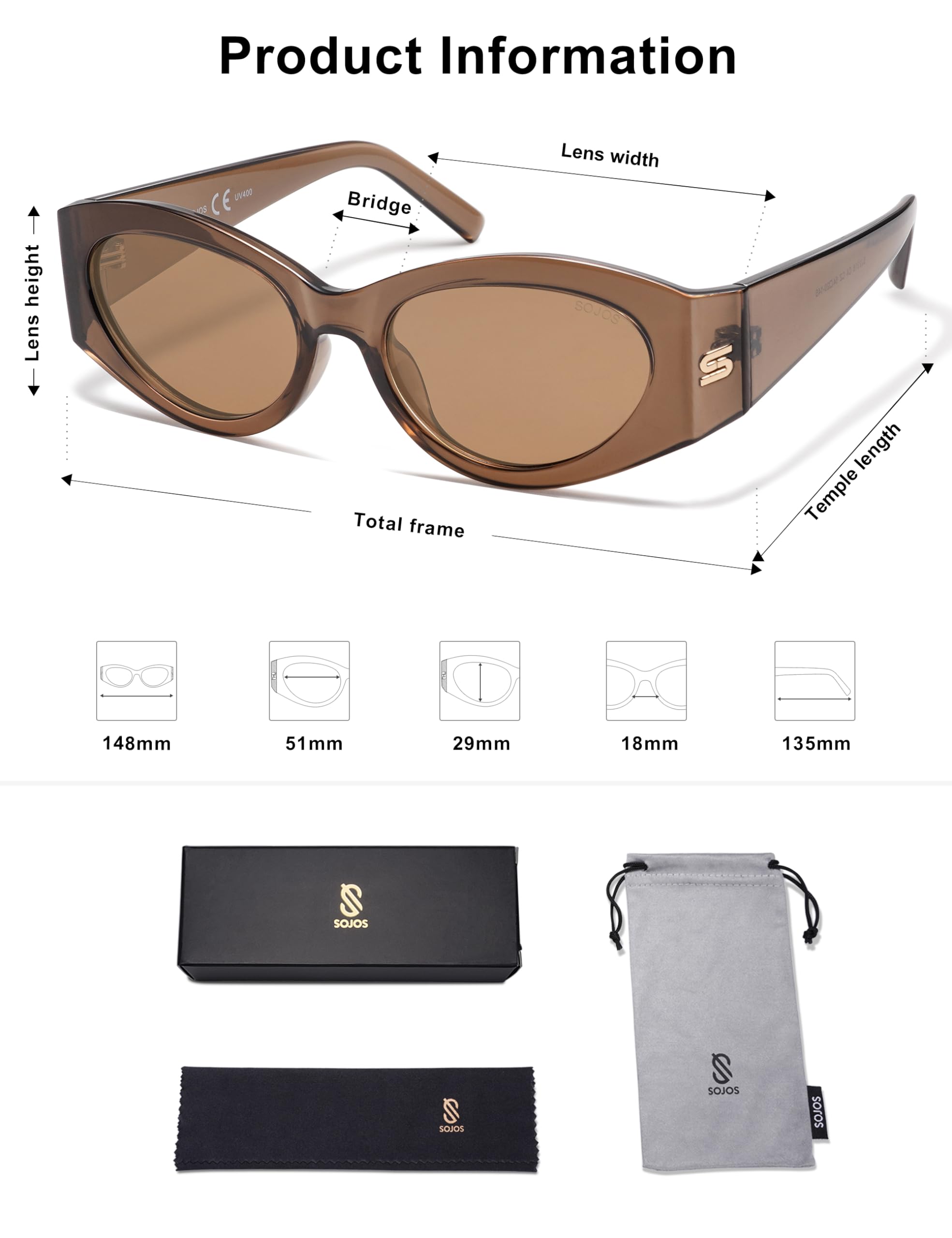 SOJOS Trendy Cat Eye Oval Polarized Sunglasses for Women Fashion Cateye Womens Sunnies SJ2318, Light Brown Frame/Dark Brown Lens