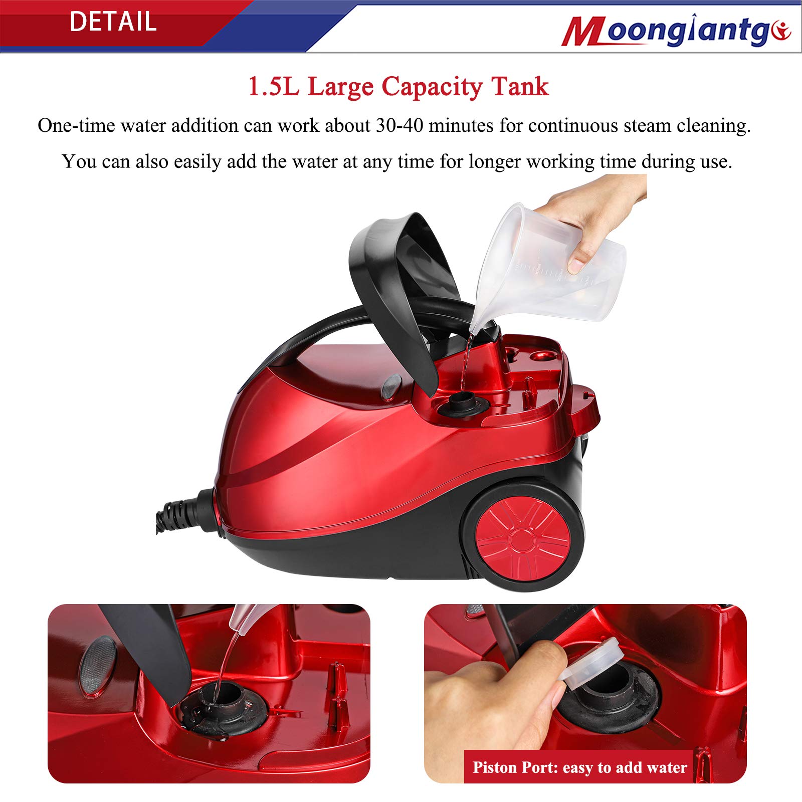 Moongiantgo 2000W Multipurpose Steam Cleaner Home Steam Cleaning Machine 1.5L Continuous Add Water for Kitchen House Chemical-Free Cleaning with Interchangeable Accessories (110V US Plug)