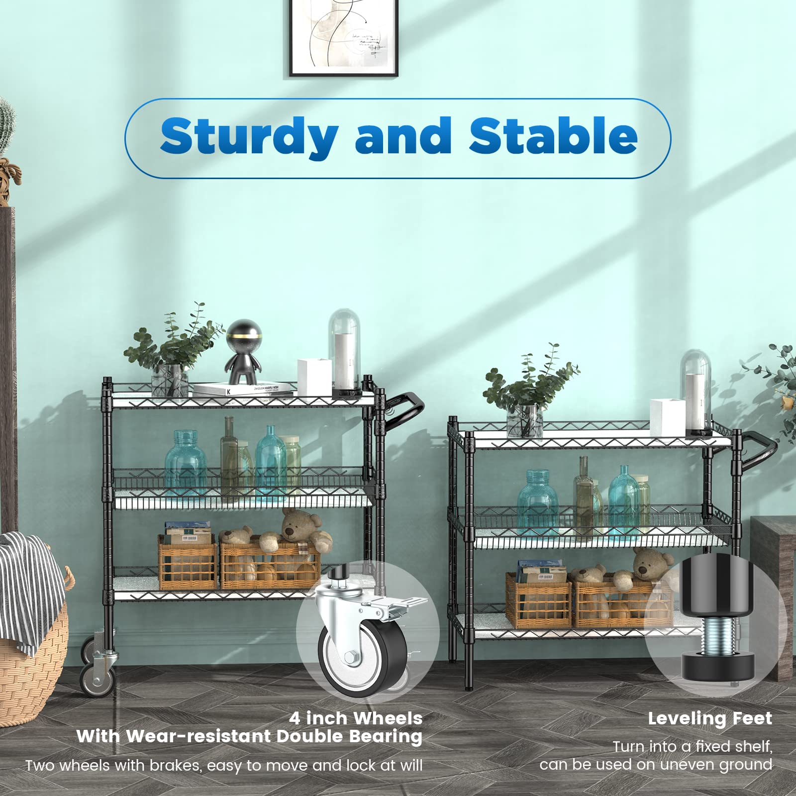 Leteuke 3 Tier Rolling Carts with Wheels,990Lbs Heavy Duty Rolling Utility Cart,NSF Commercial Grade Metal Cart with Handle&Shelf Liner,Trolley Serving Cart for Kitchen,Restaurant,Plant Display,Black