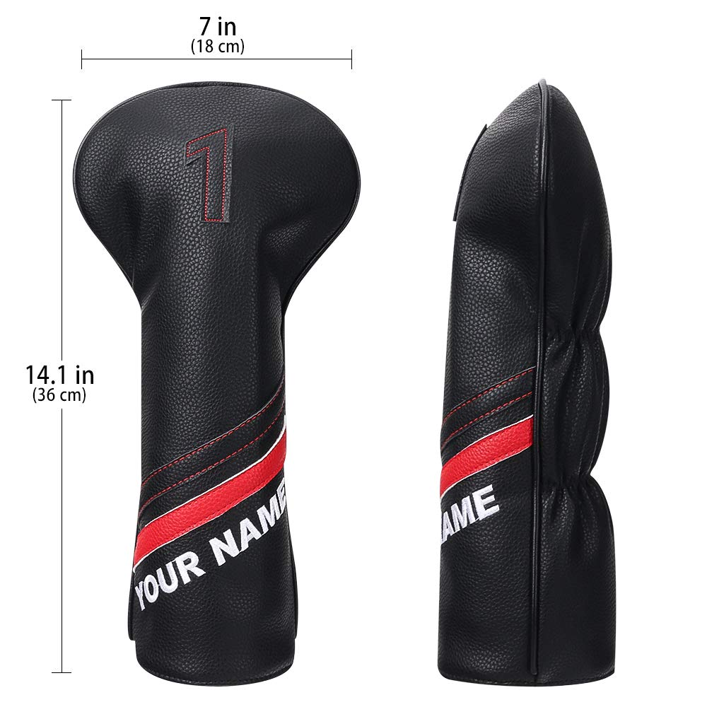 Litchi Pattern Red Stripes Black Golf Headcovers for Driver Fairway Wood and Hybrids Also Customize Golf Driver Wood Hybrid Covers with your Name Stitched (Driver Cover #1)