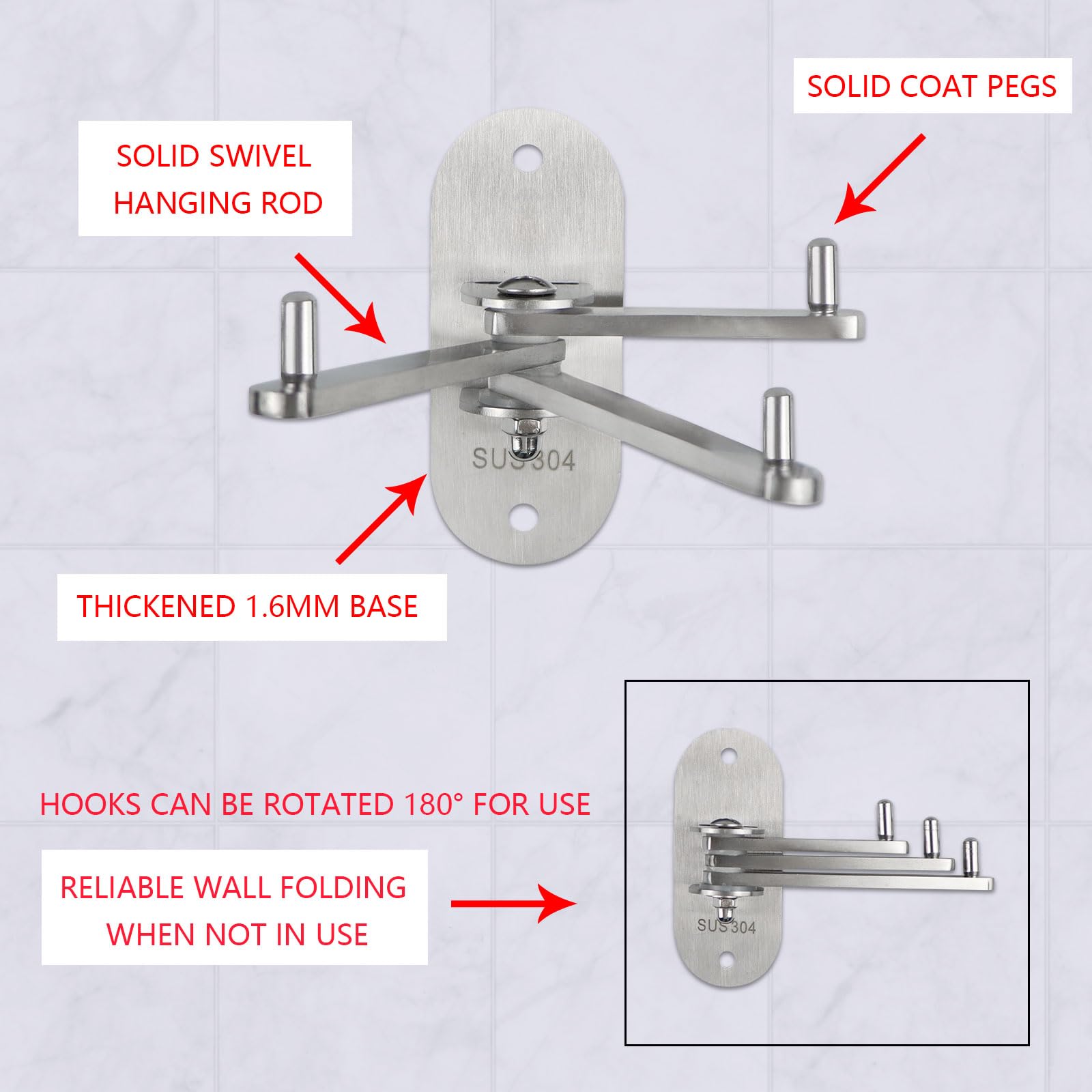 Zivisk Folding Towel Hook Solid Metal 3 Arms Foldable Swivel Hook Space Saving Wall Clothes Hanger for Bathroom, Bedroom, Laundry Room - Silver
