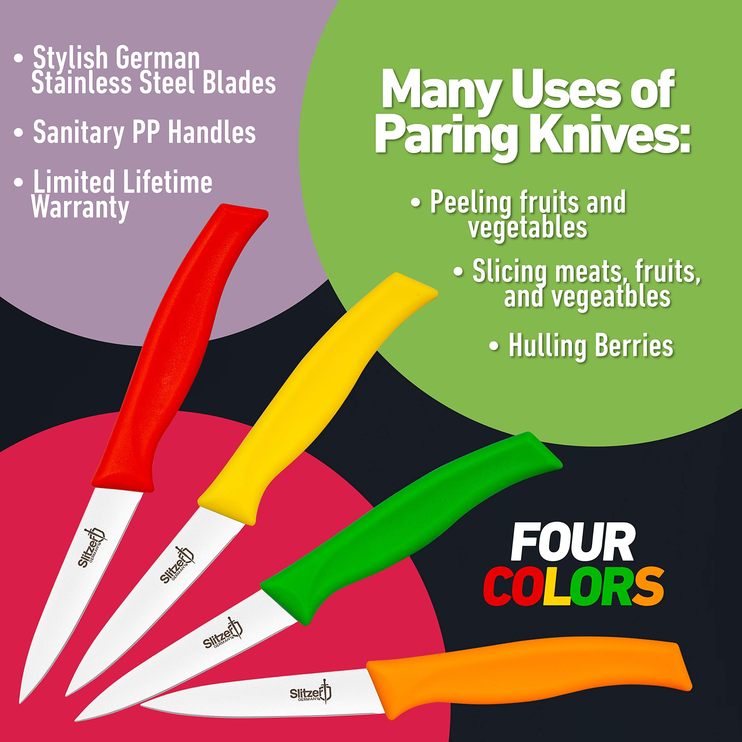 Slitzer Germany 4-Piece Paring Knife Set, 3 1/2 Inch Blade, German Stainless Steel, Colored Handles, Red, Yellow, Green, Orange