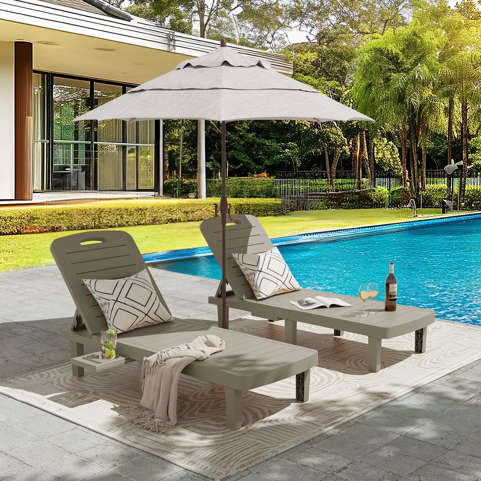 VONZOY Oversized Outdoor Chaise Lounge Chairs Set of 2,Patio Lounge Chair with Adjustable Backrest, Pool Chaise Lounge with Cup Holder, Resin Chair for Poolside, Beach, Garden and Yard - Grey
