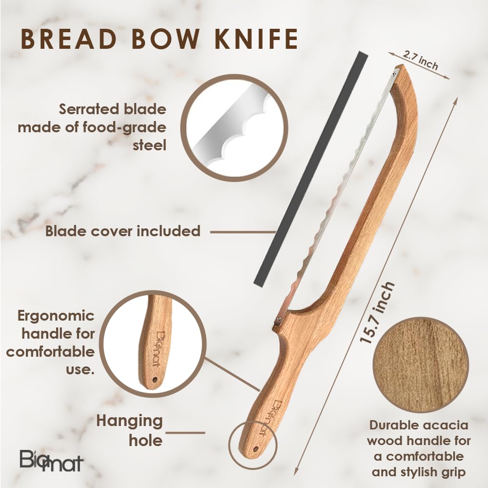 Wooden Bread Bow Knife & Bread Lame Set - Sourdough Bread Knife - Sourdough Scoring Tool - Bread Knife for Homemade Bread